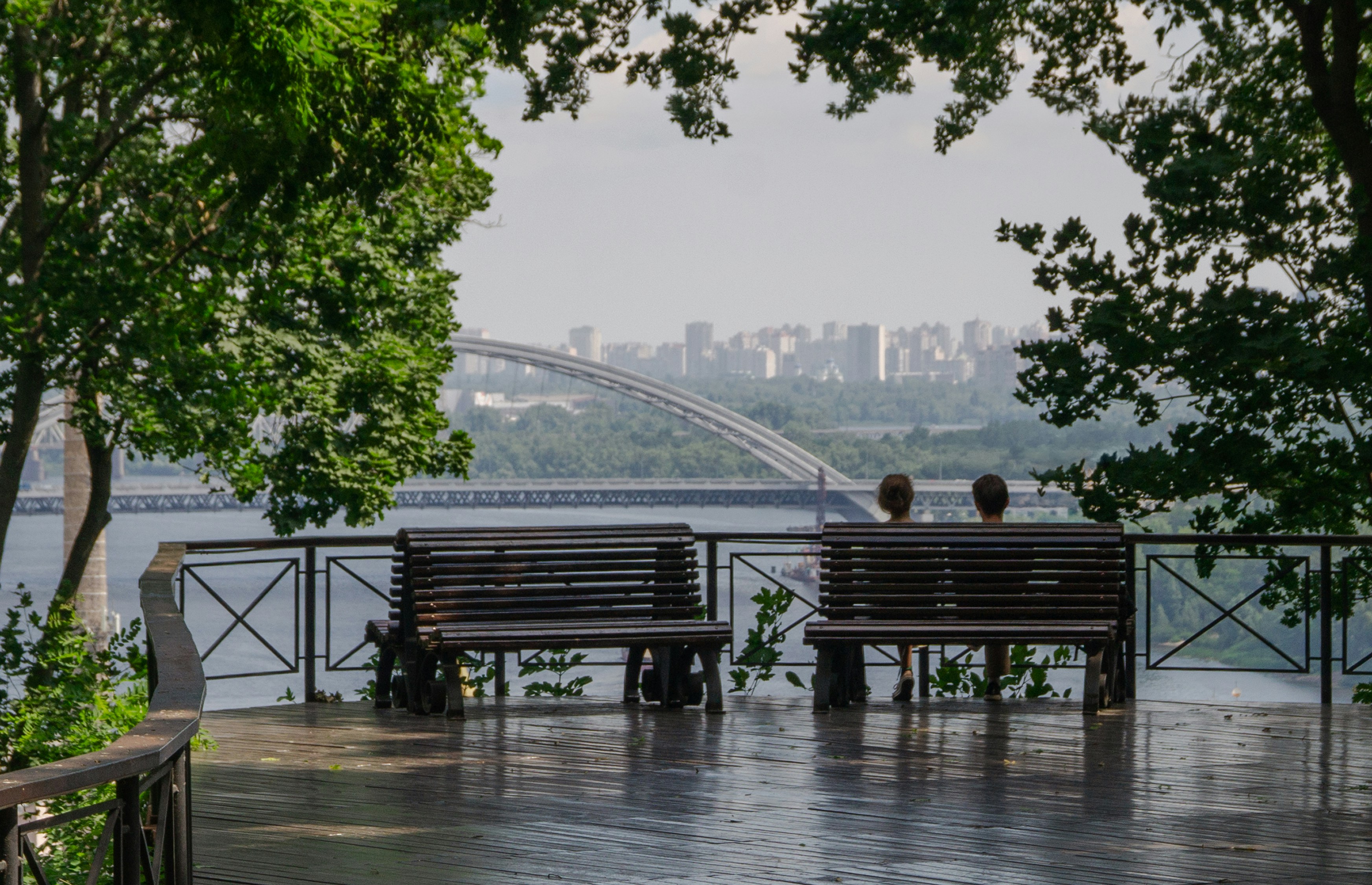 Two benches, river, and distant skyline under leafy canopy