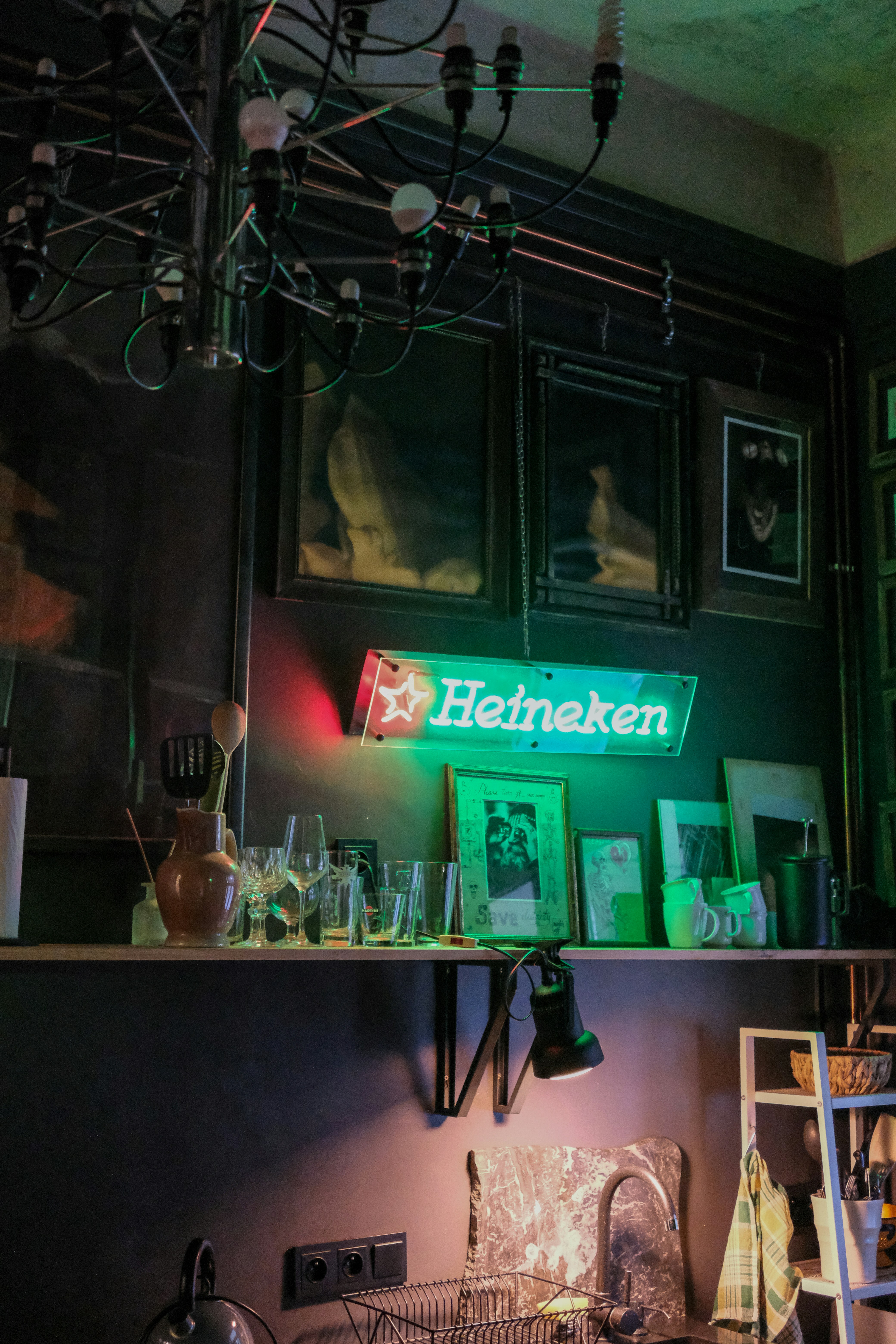 Neon Heineken Glow Over a Funky Bar Counter