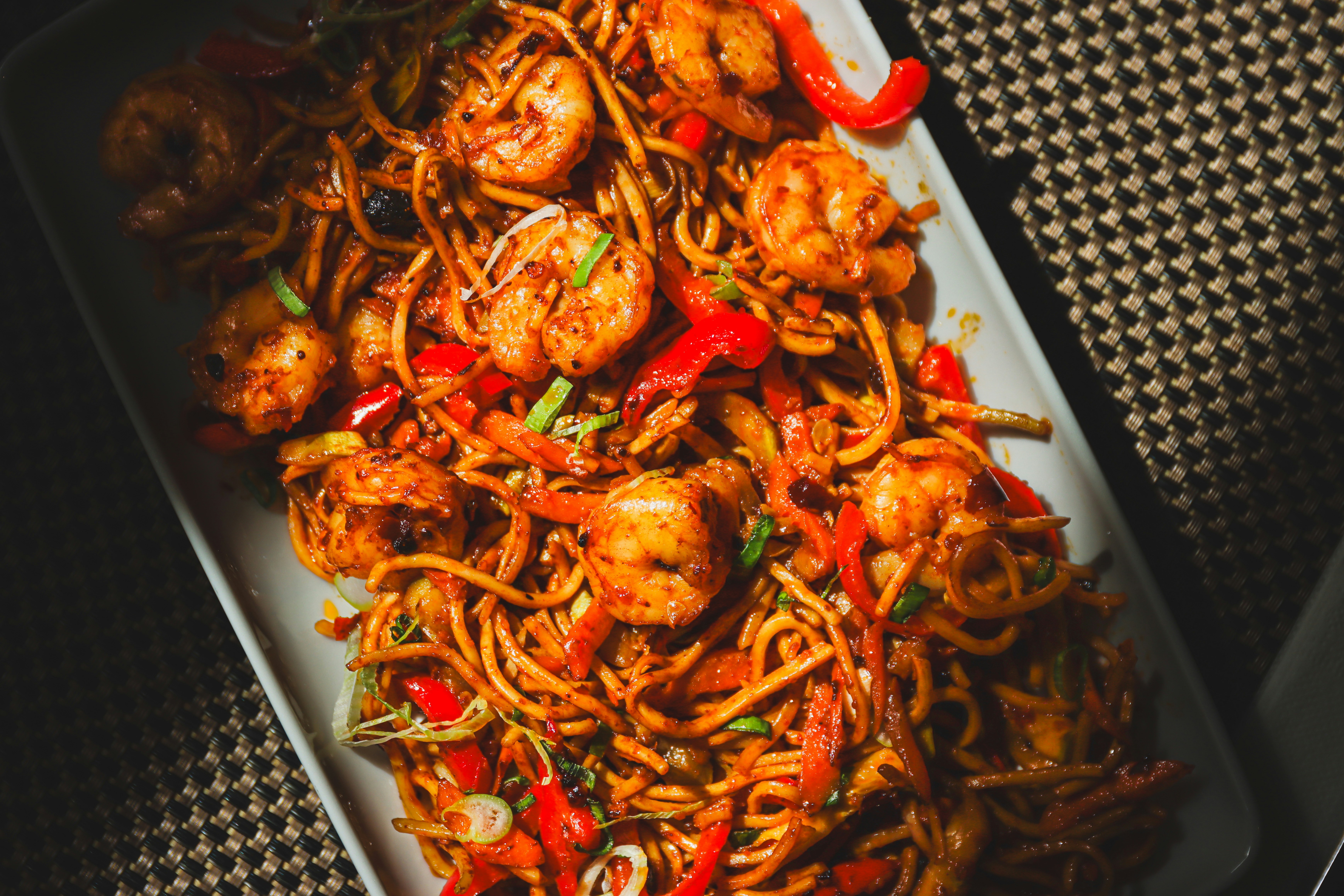 Shrimp Saffron Noodles in a Glazed Skillet
