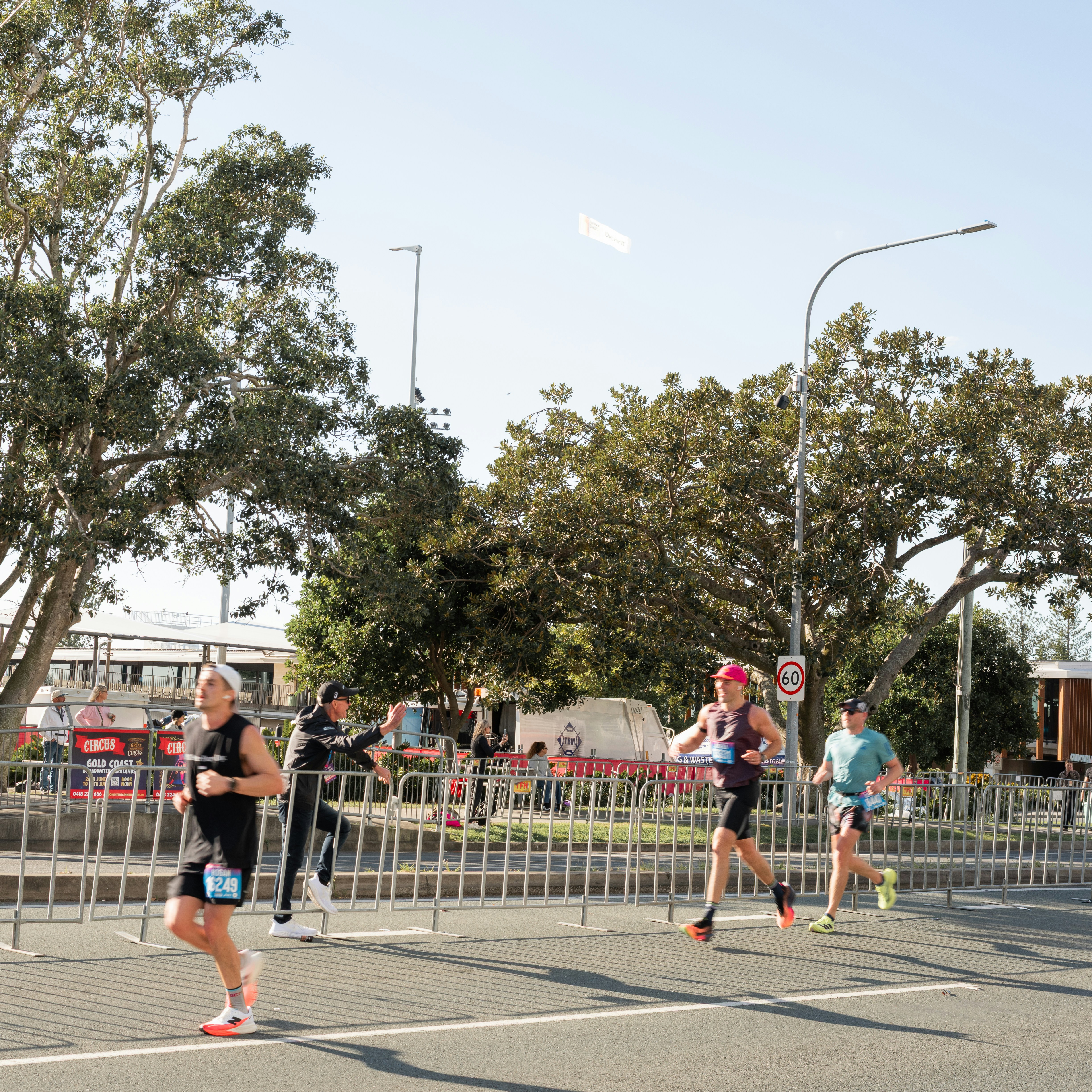 Runners surge past a fenced street course beneath a canopy of trees