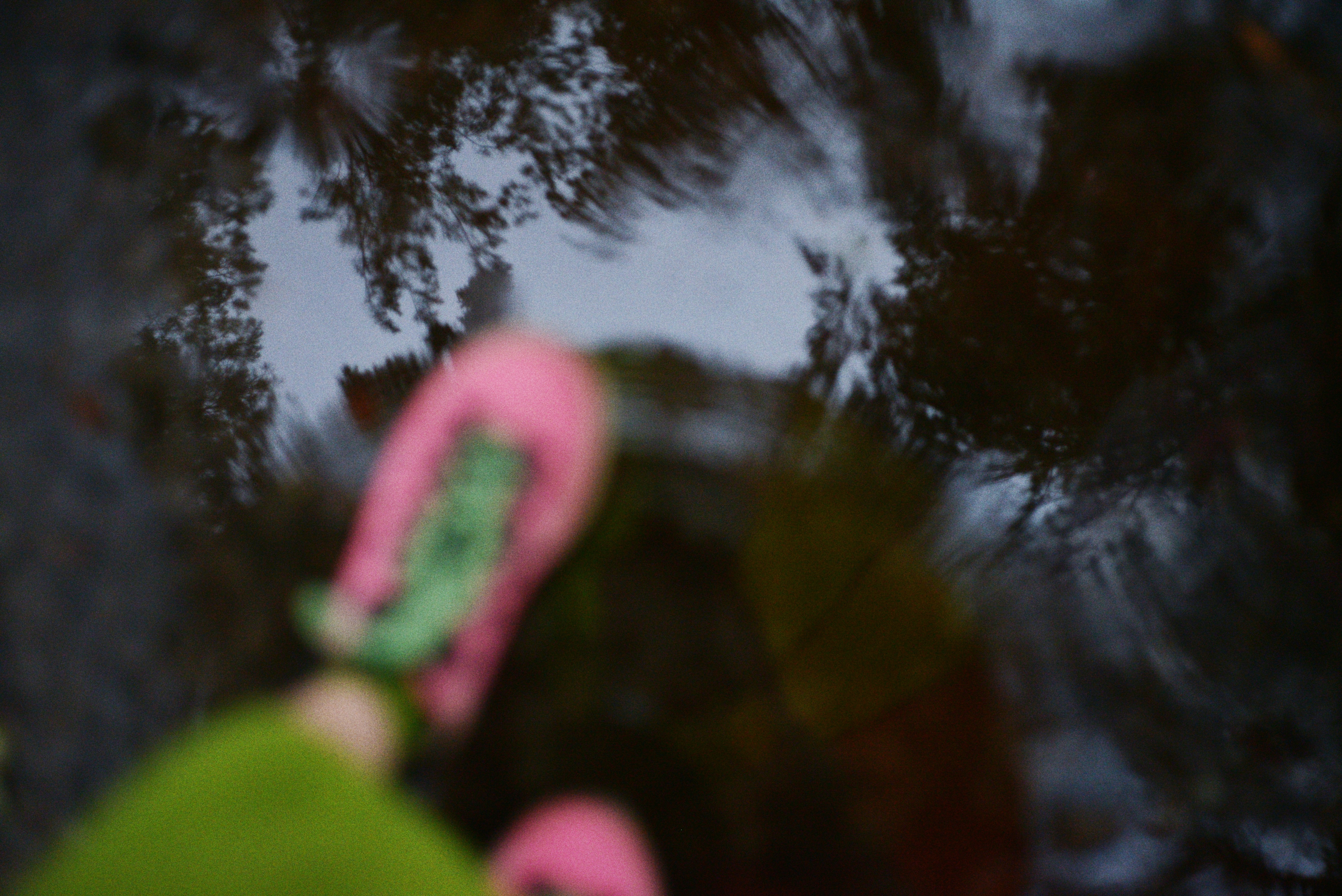 Softly blurred, a pedestrian in pink shoes hovers near a reflective surface, creating a dreamy stillness that emphasizes color and motion. This appears to be a photograph with a shallow depth of field and abstract mood.