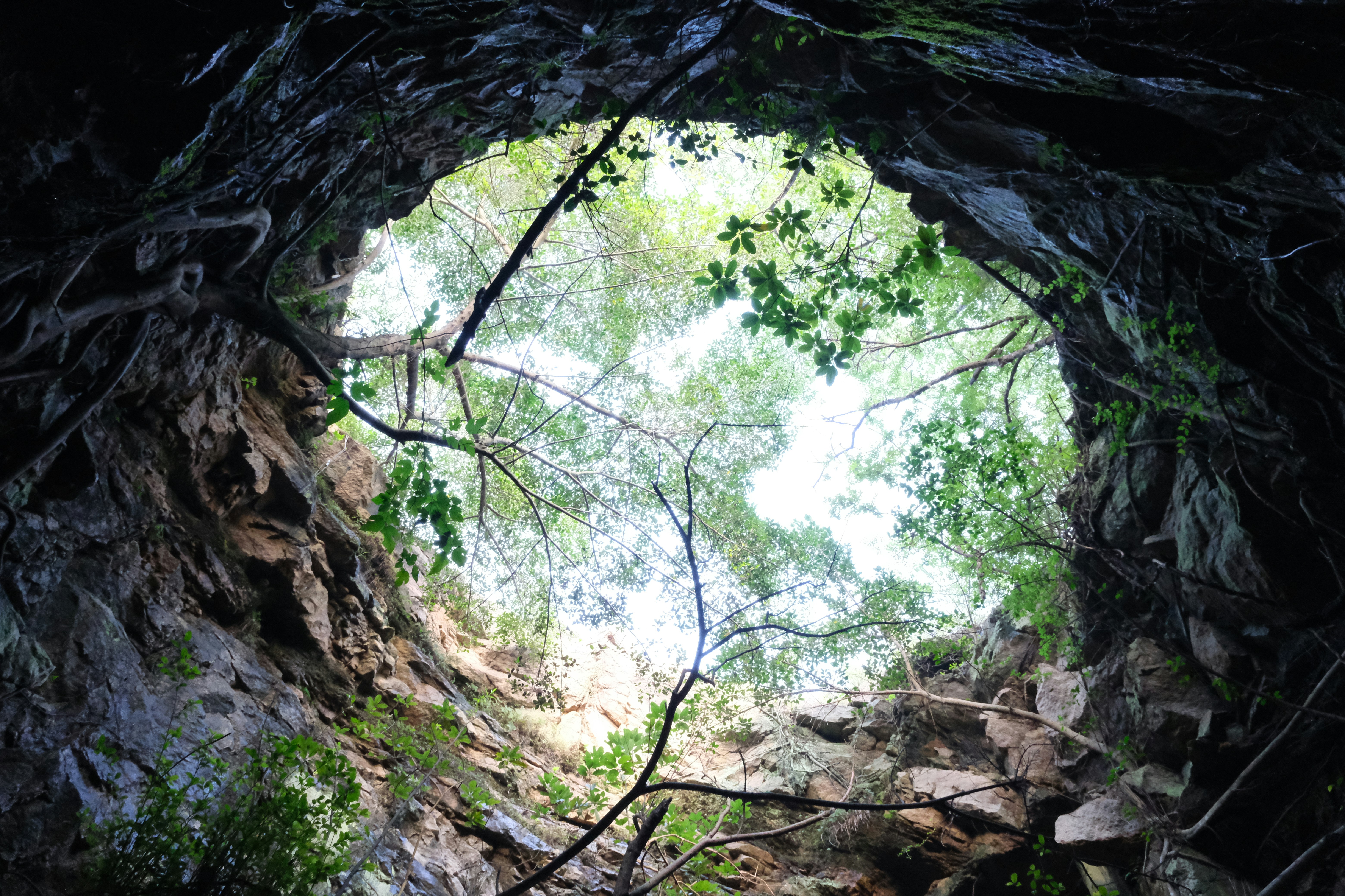 Skyward opening: daylight peering through a rocky cave