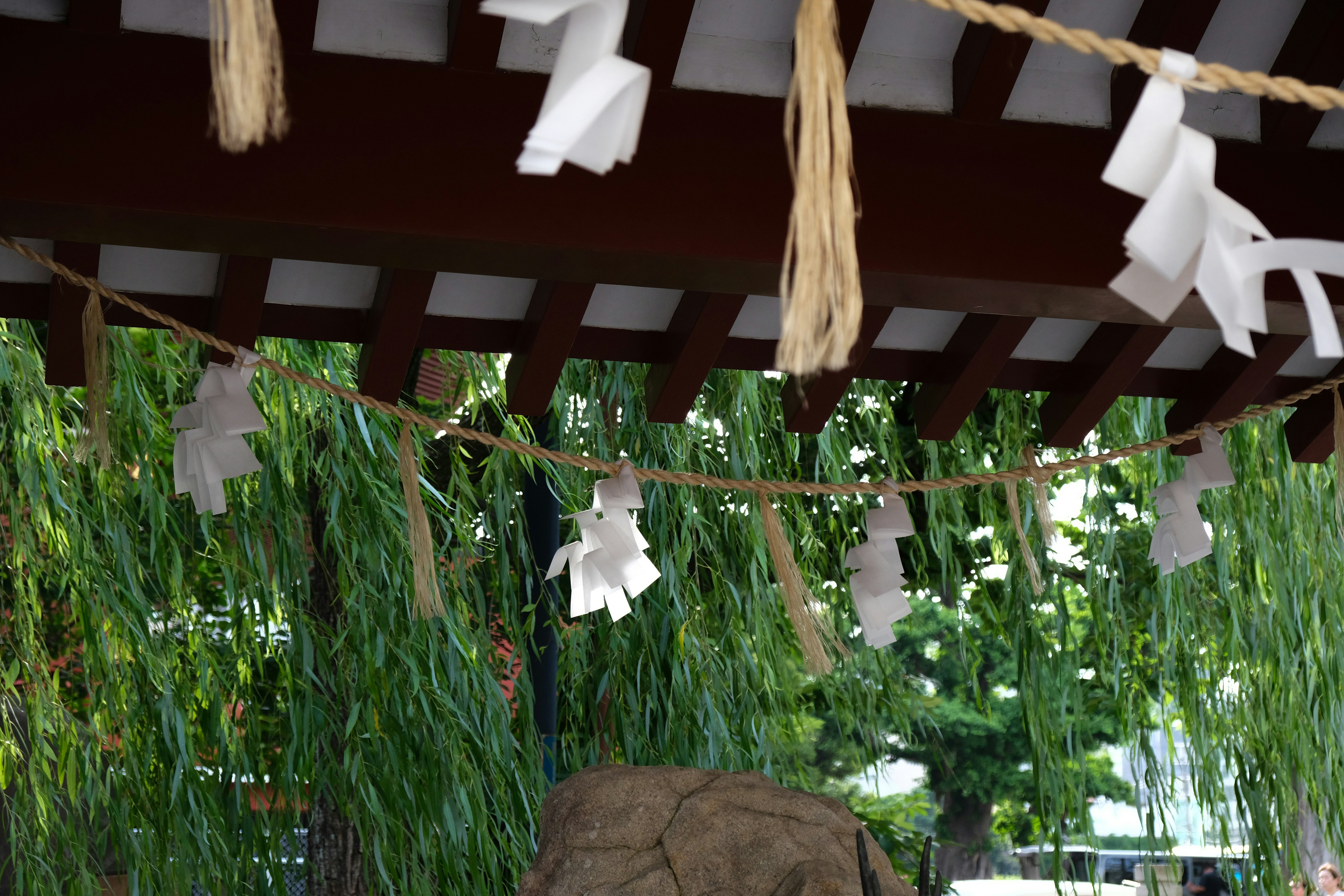 Shimenawa and Paper Shide Draped Under a Shrine Roof