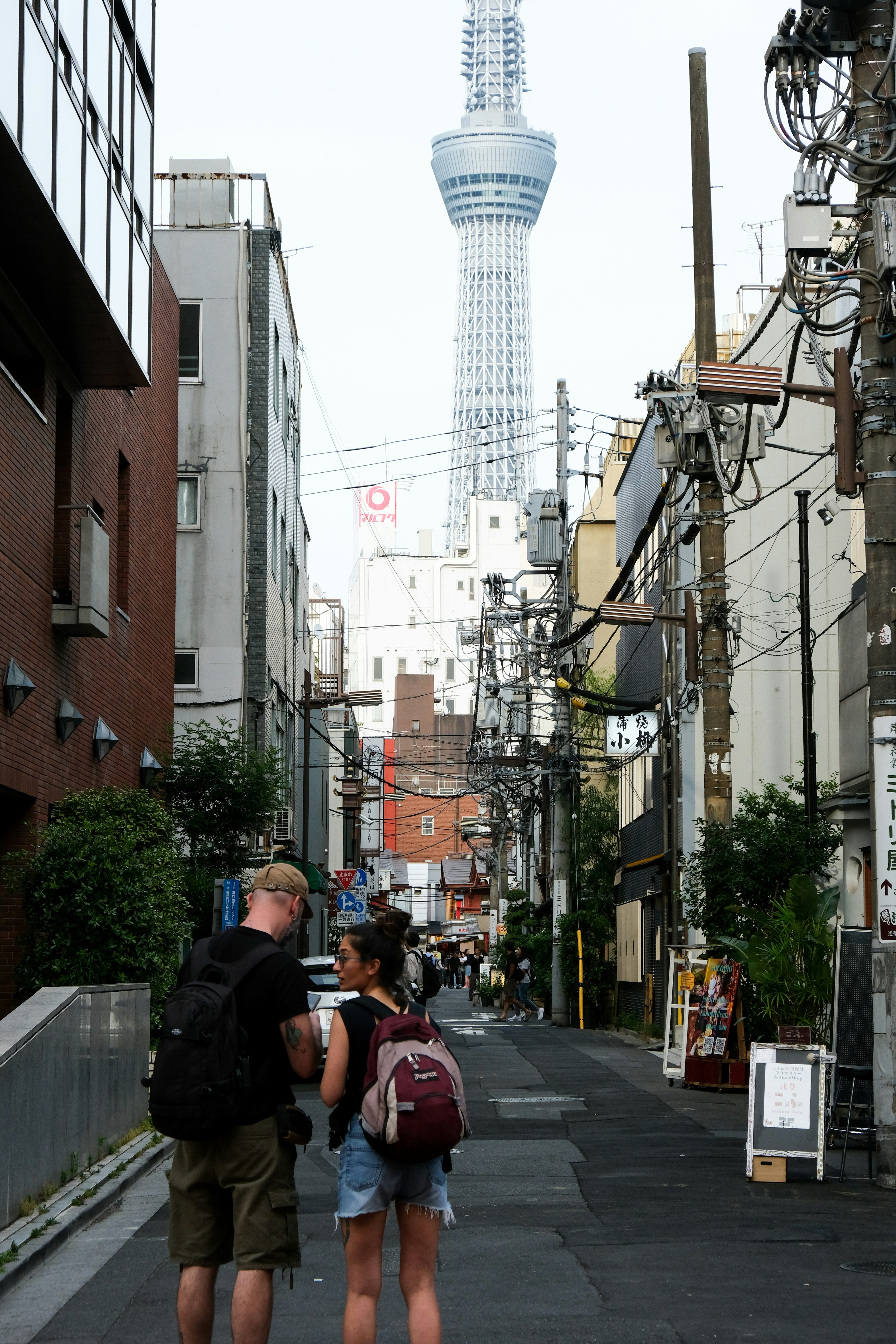 Urban Ascent: A Towering View Above a Busy Alley