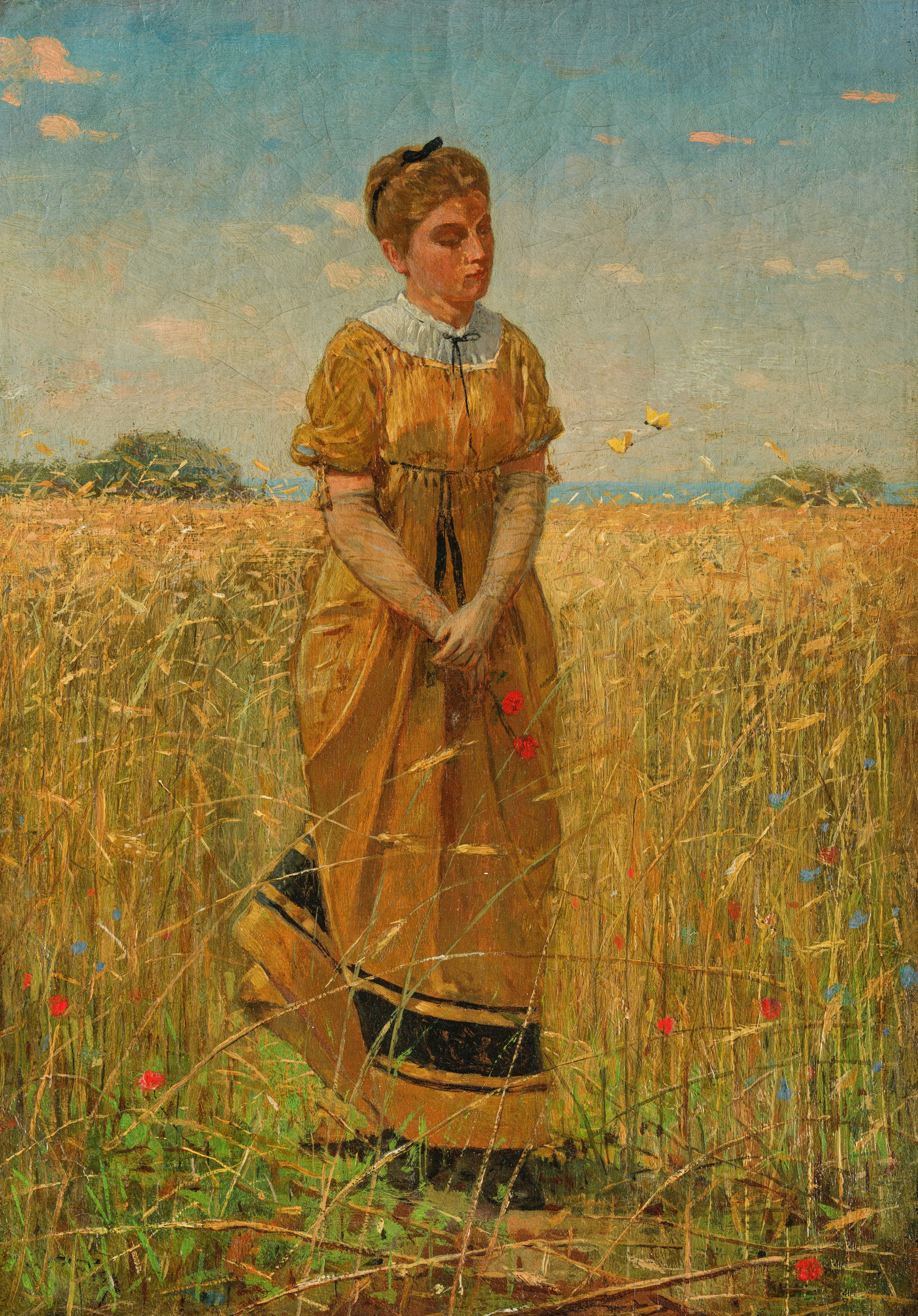 Golden-dressed woman standing in a sunlit wheat field, hands folded, with distant sky and wildflowers. This painting captures quiet contemplation and pastoral atmosphere.