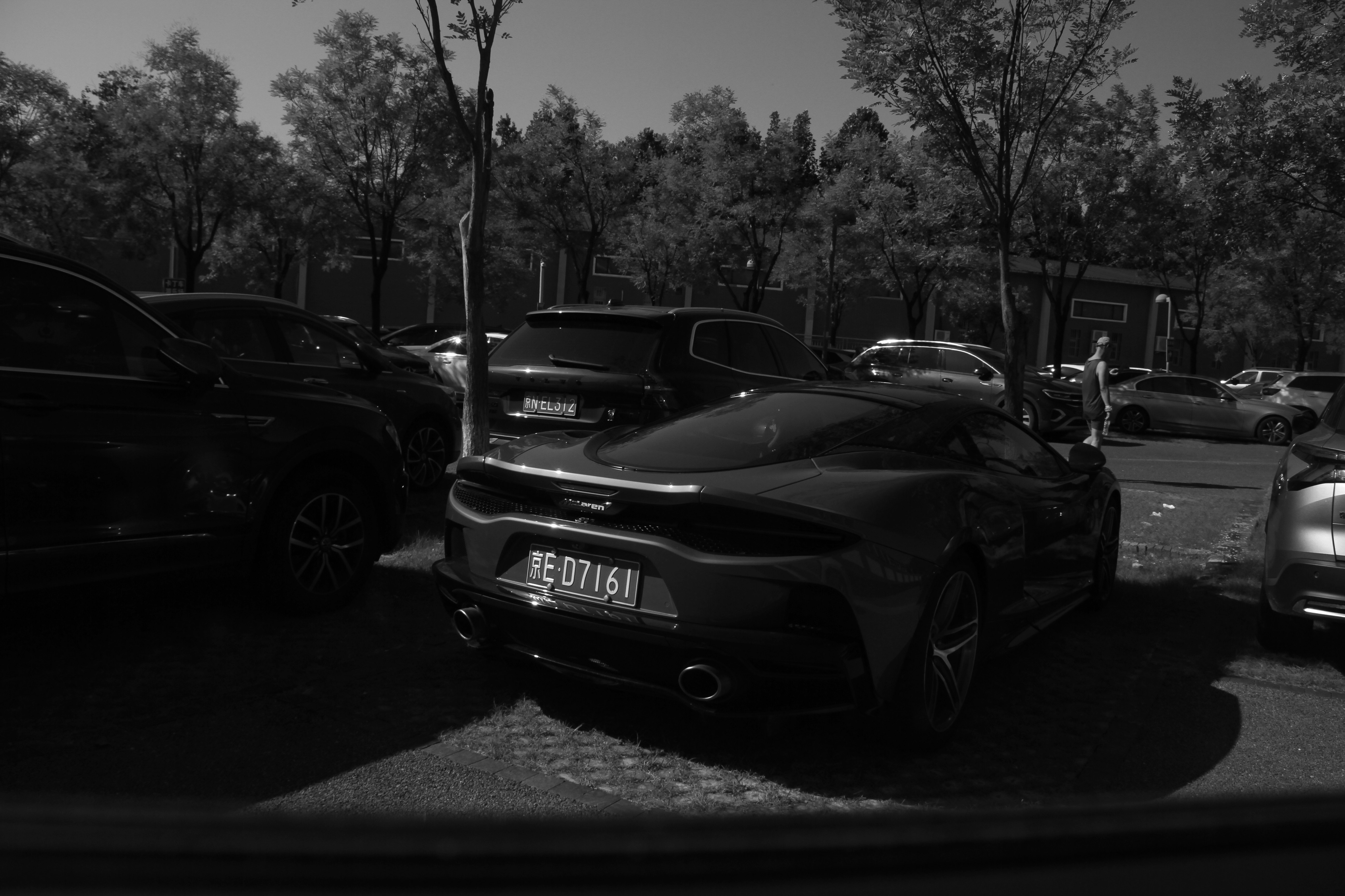 Chromed Center: A Sportscar Framed by Parking Lot Quiet