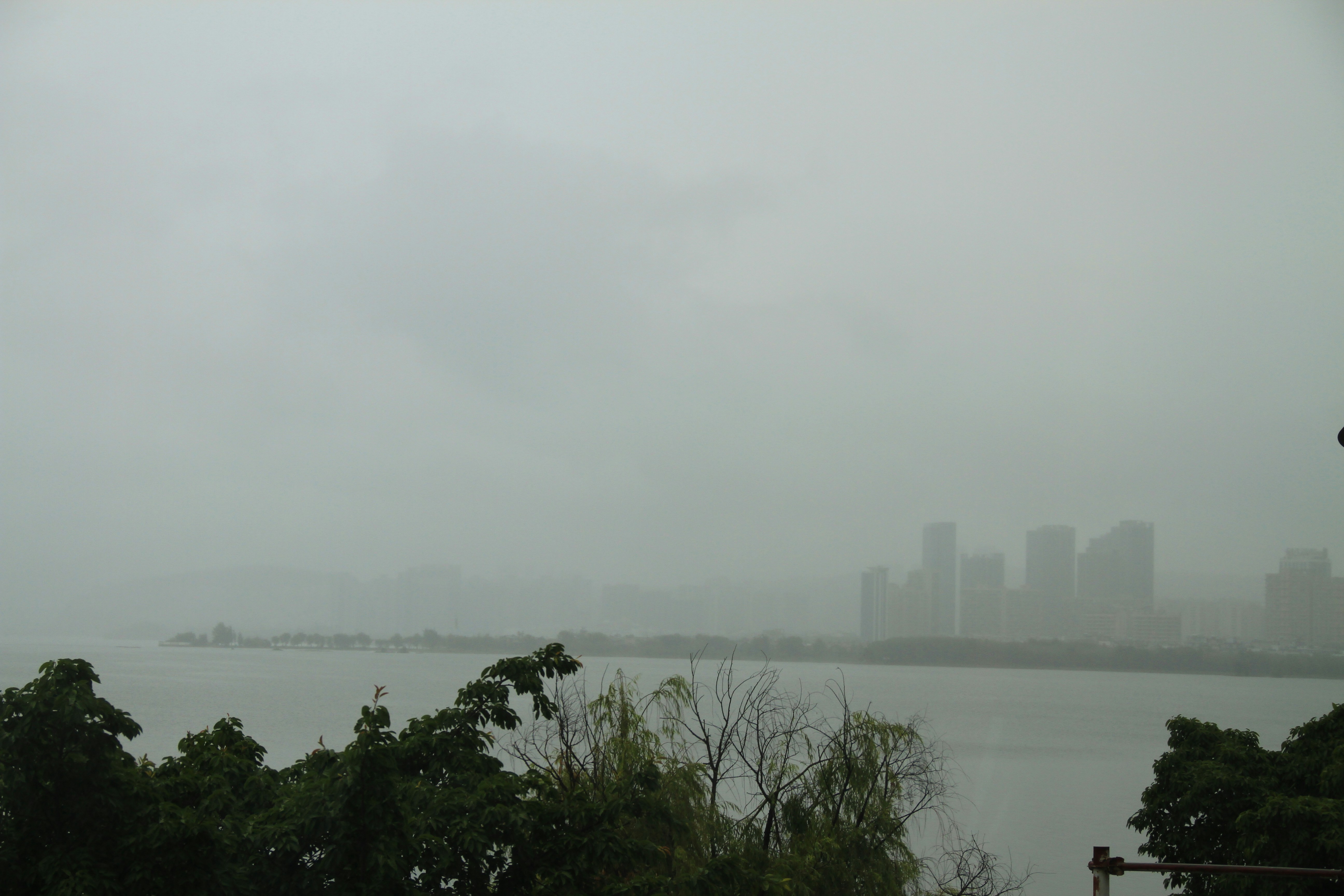 Distant Skyline Veiled by Fog Over a Quiet Waterfront