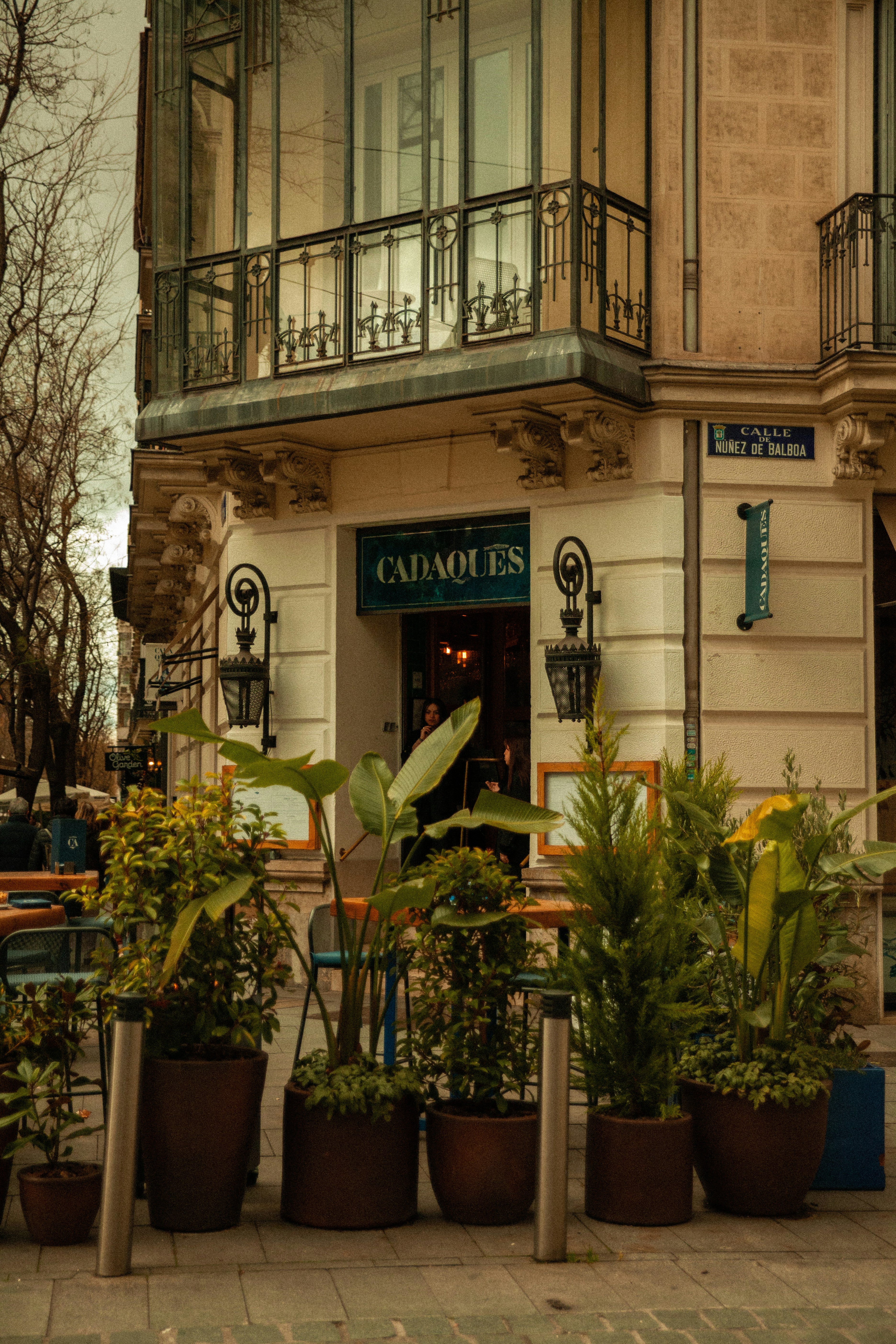 Café Façade on Calle Balboa framed by potted greenery