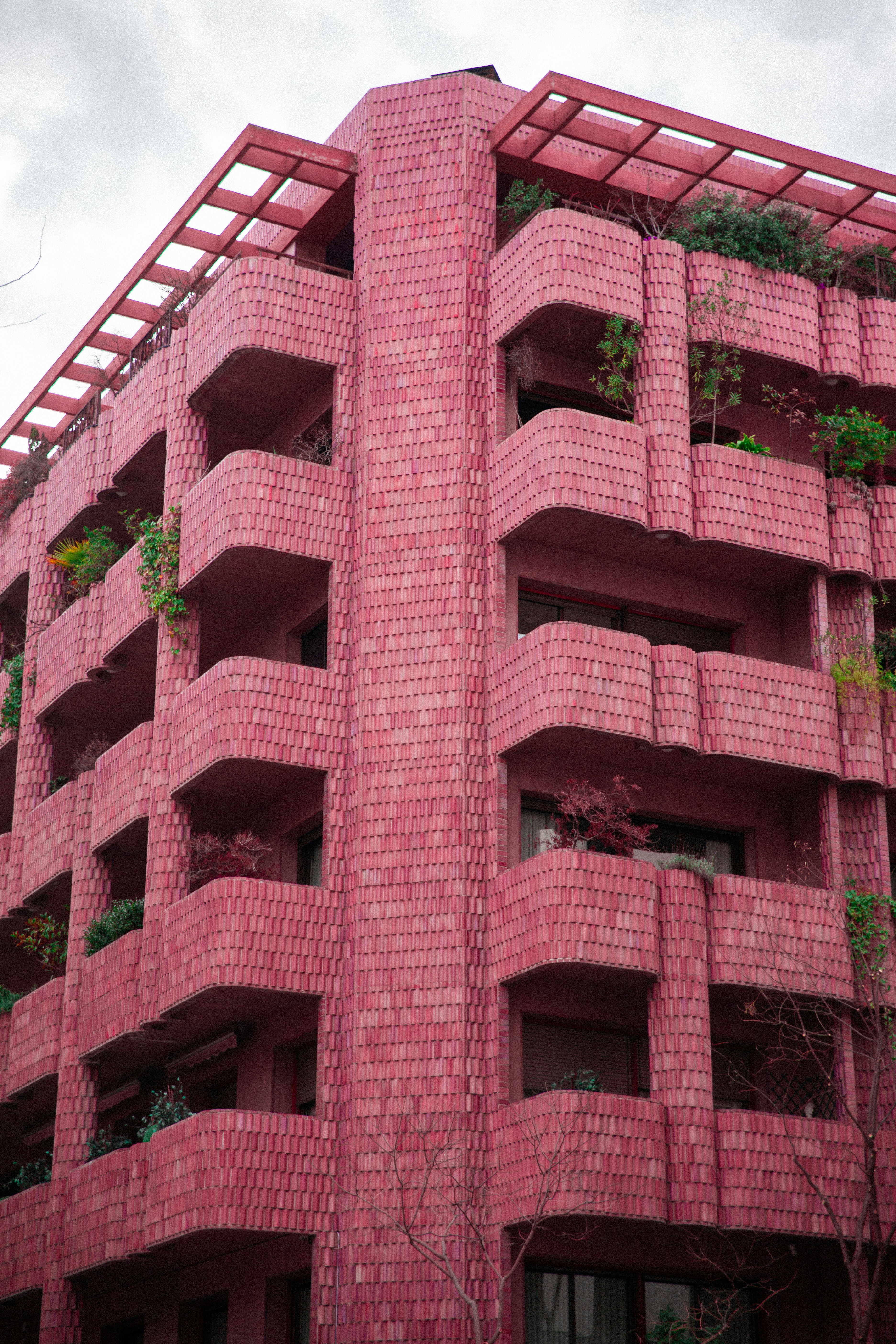 Pink Concrete Habitat: Verdant Balconies Climb a Rosy Facade