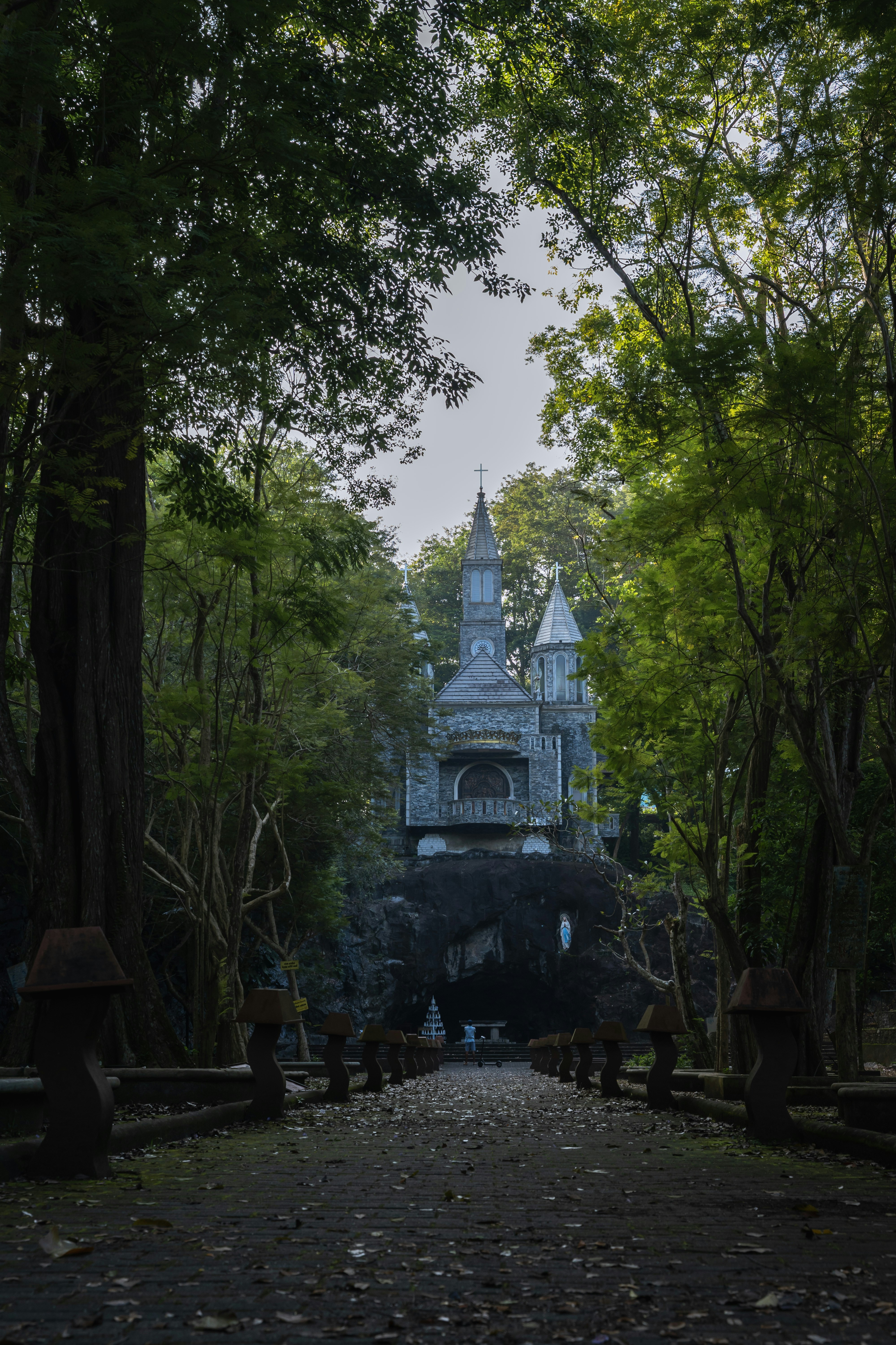 Mossy Path to a Moonlit Chapel in the Woods