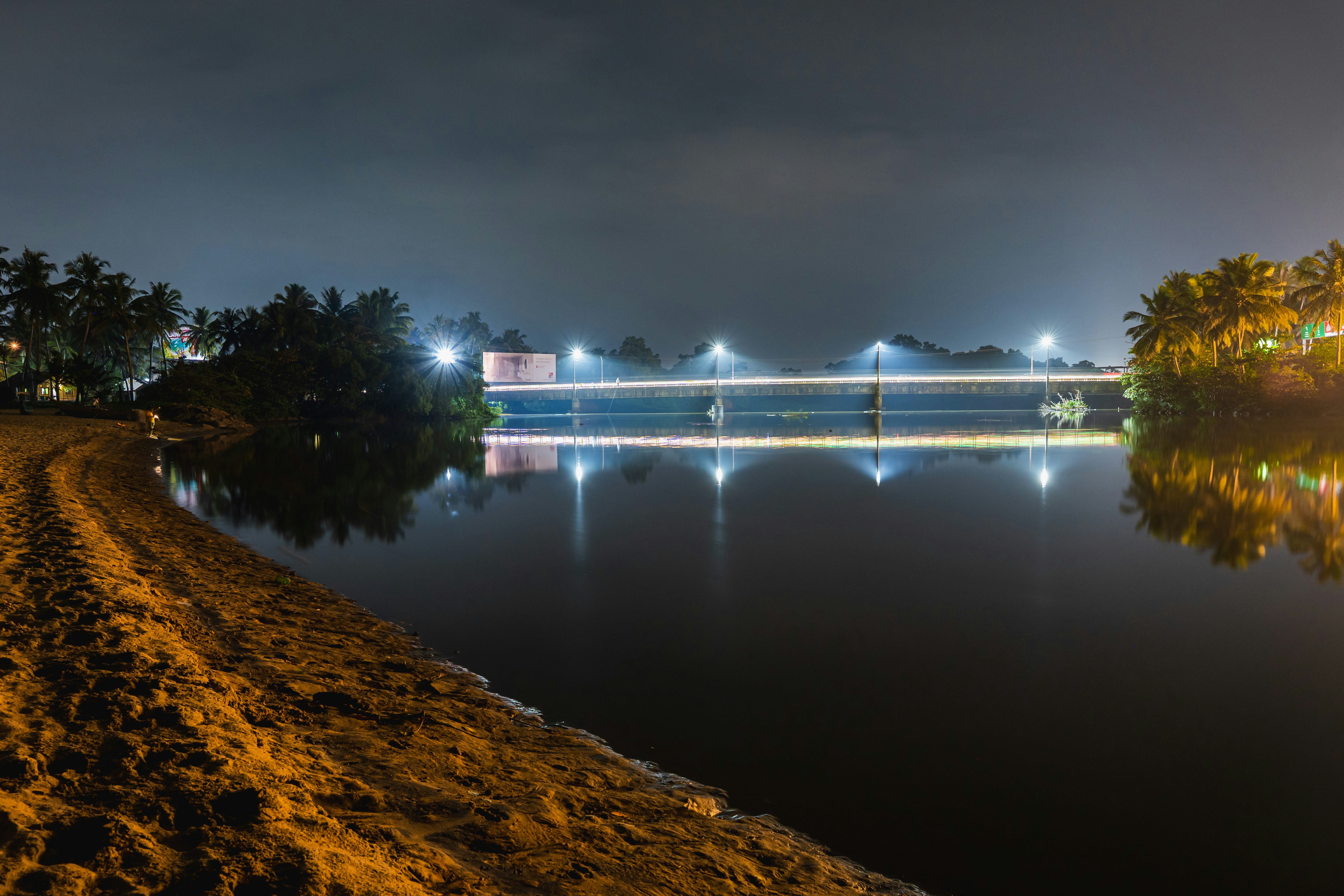 Night Lights Reflect on a Quiet Lake Wall