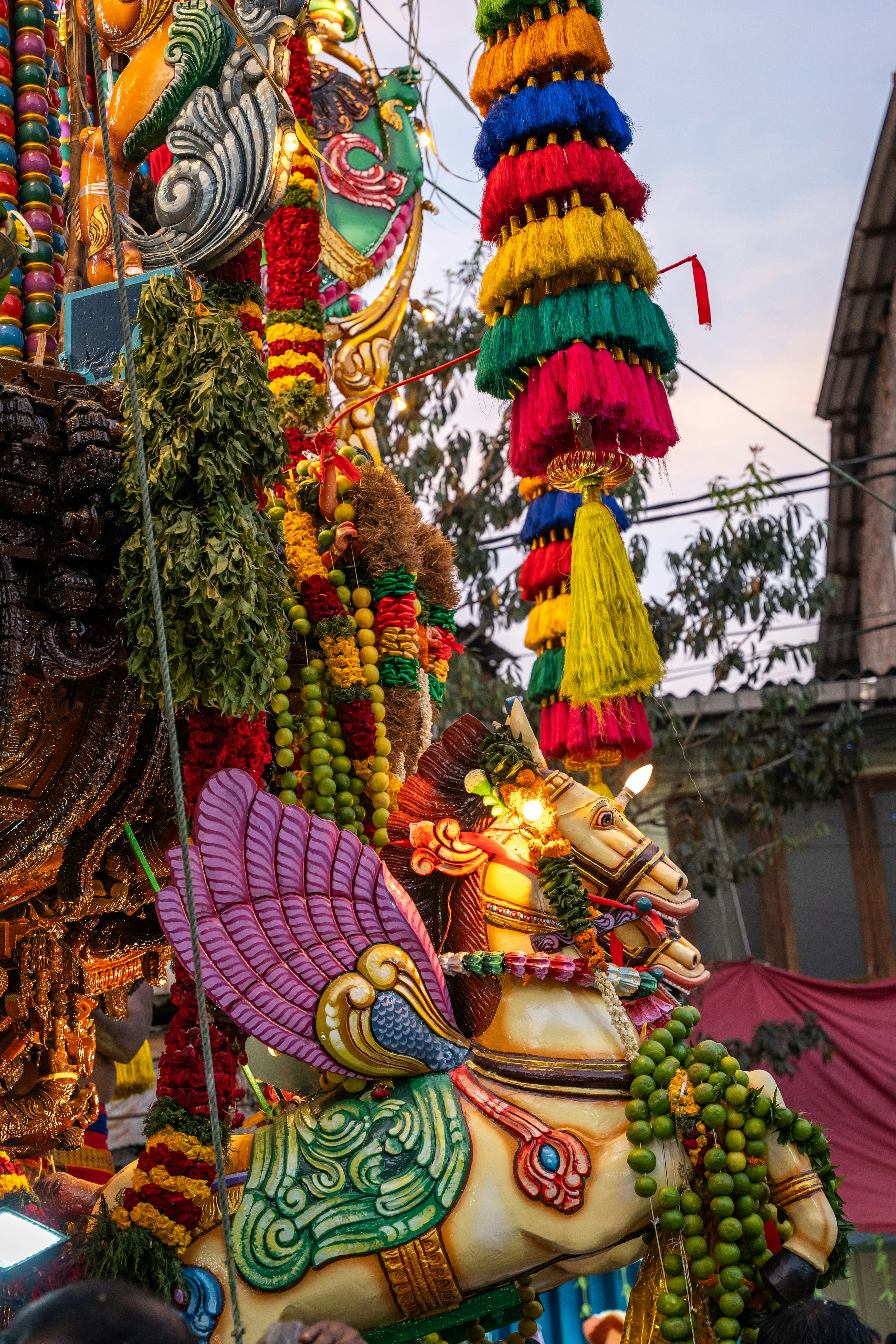 Colorful Carriage of Blessings: A Horned Horse Amid Seasonal Ornaments