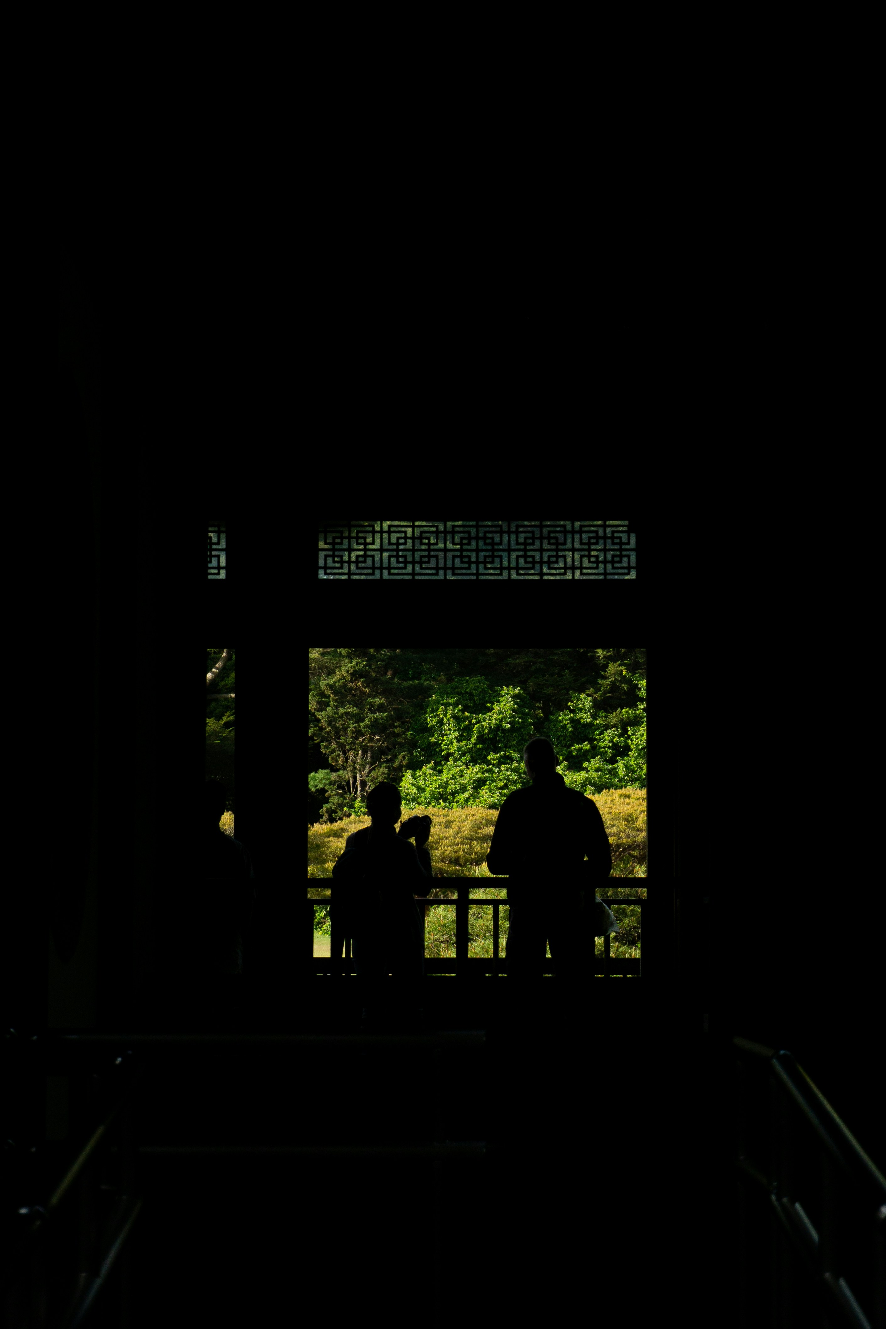 Shadowed Terrace: Silhouettes Against a Luminous Garden Window