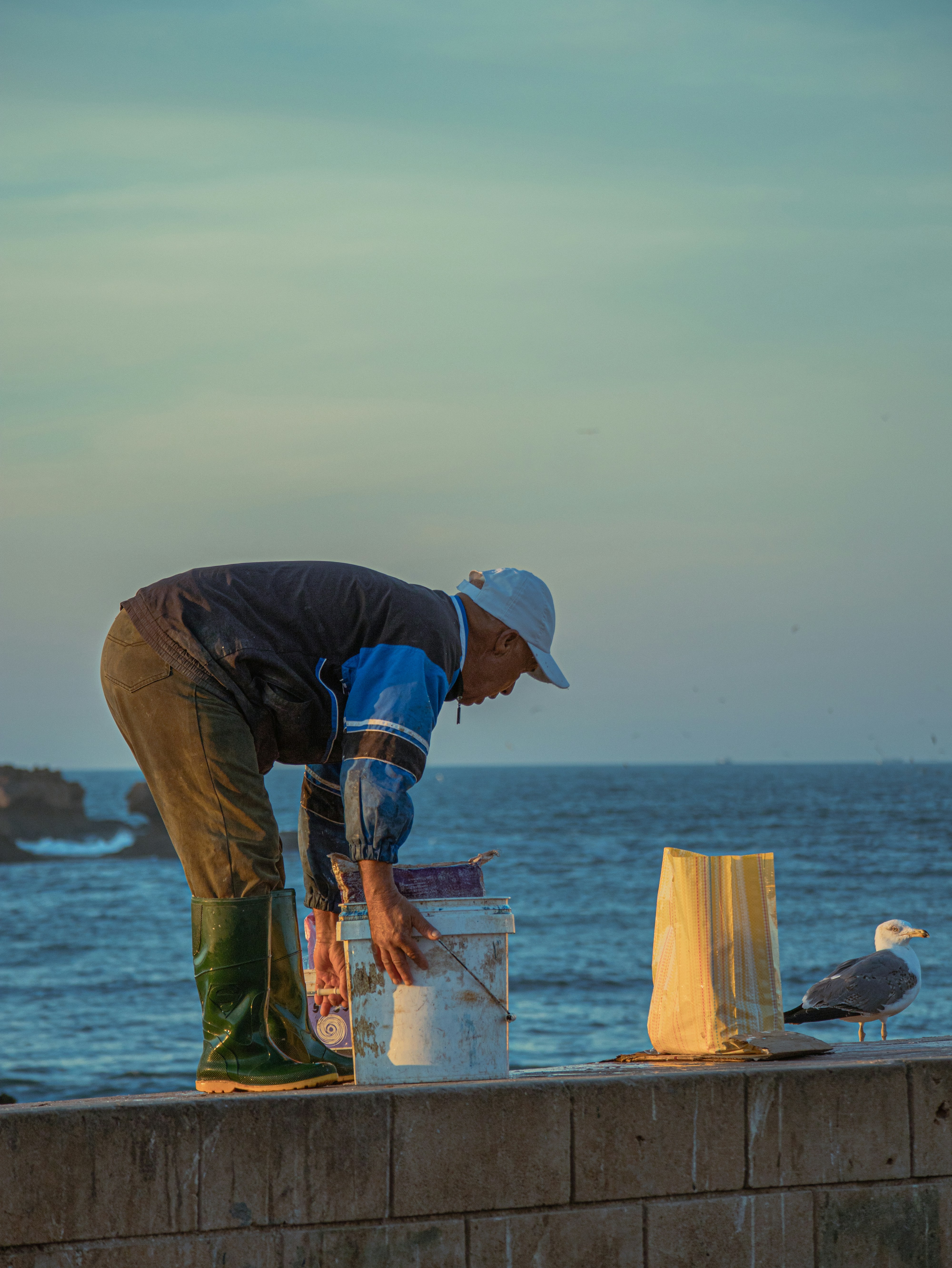 A worker in a blue-sleeved top and brown pants leans over a low wall by the sea, tending a white bucket as a seagull stands nearby on the edge of the harbor.