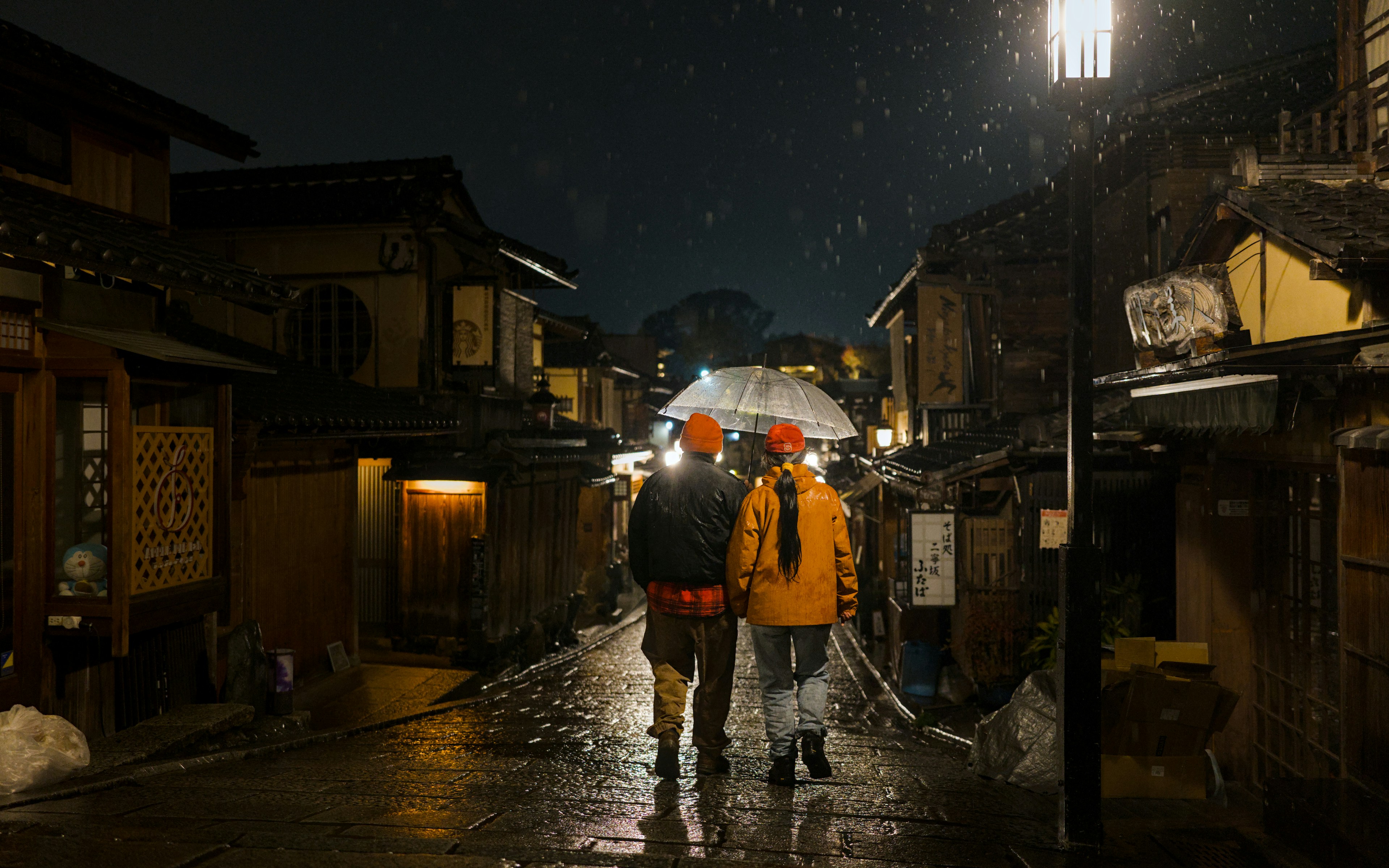 Umbrella under the Lanterns: Night Rain in a Quiet Alley