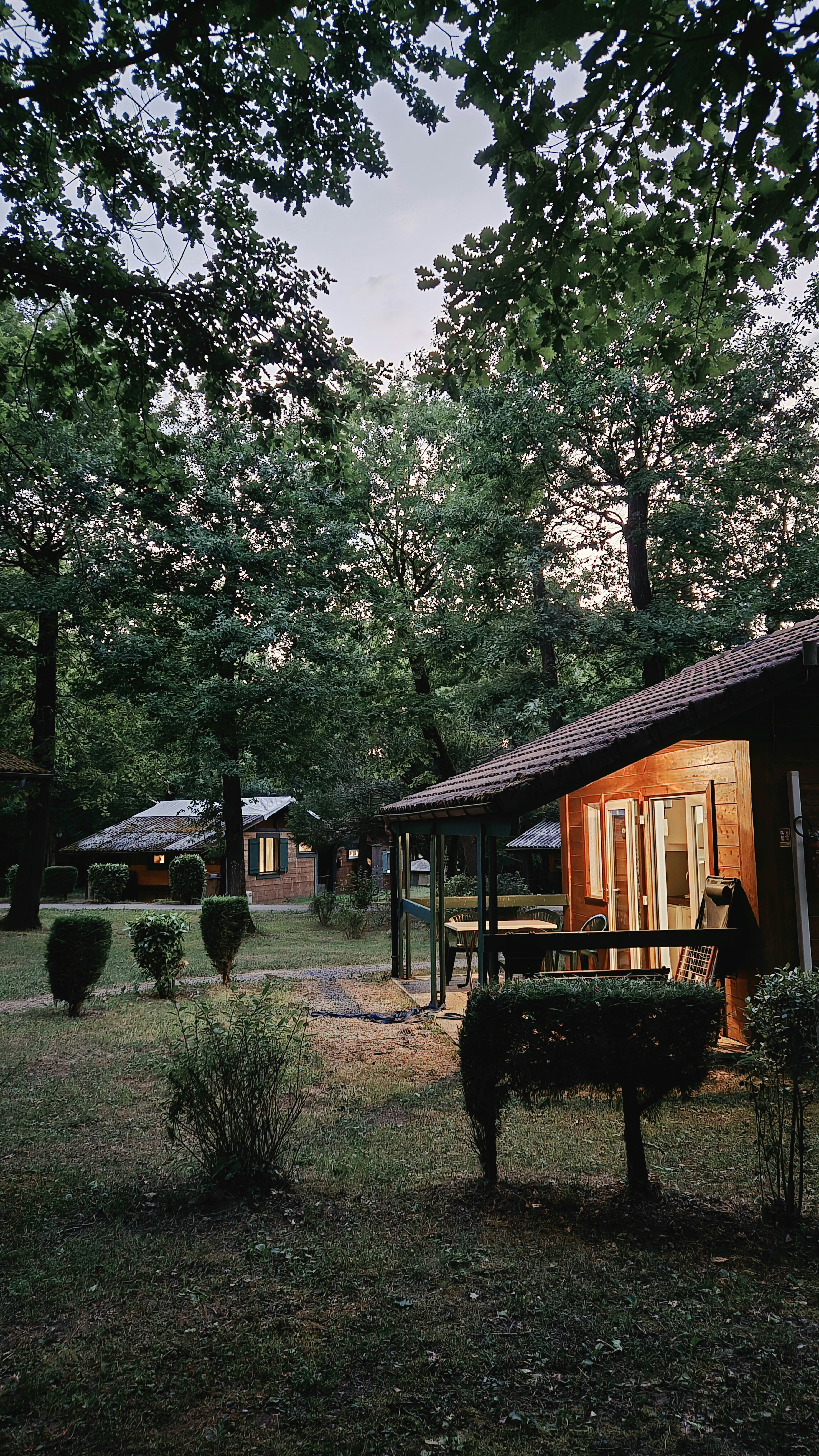 Cottage Retreat at Dusk: Warm Light in a Tree-Draped Campground