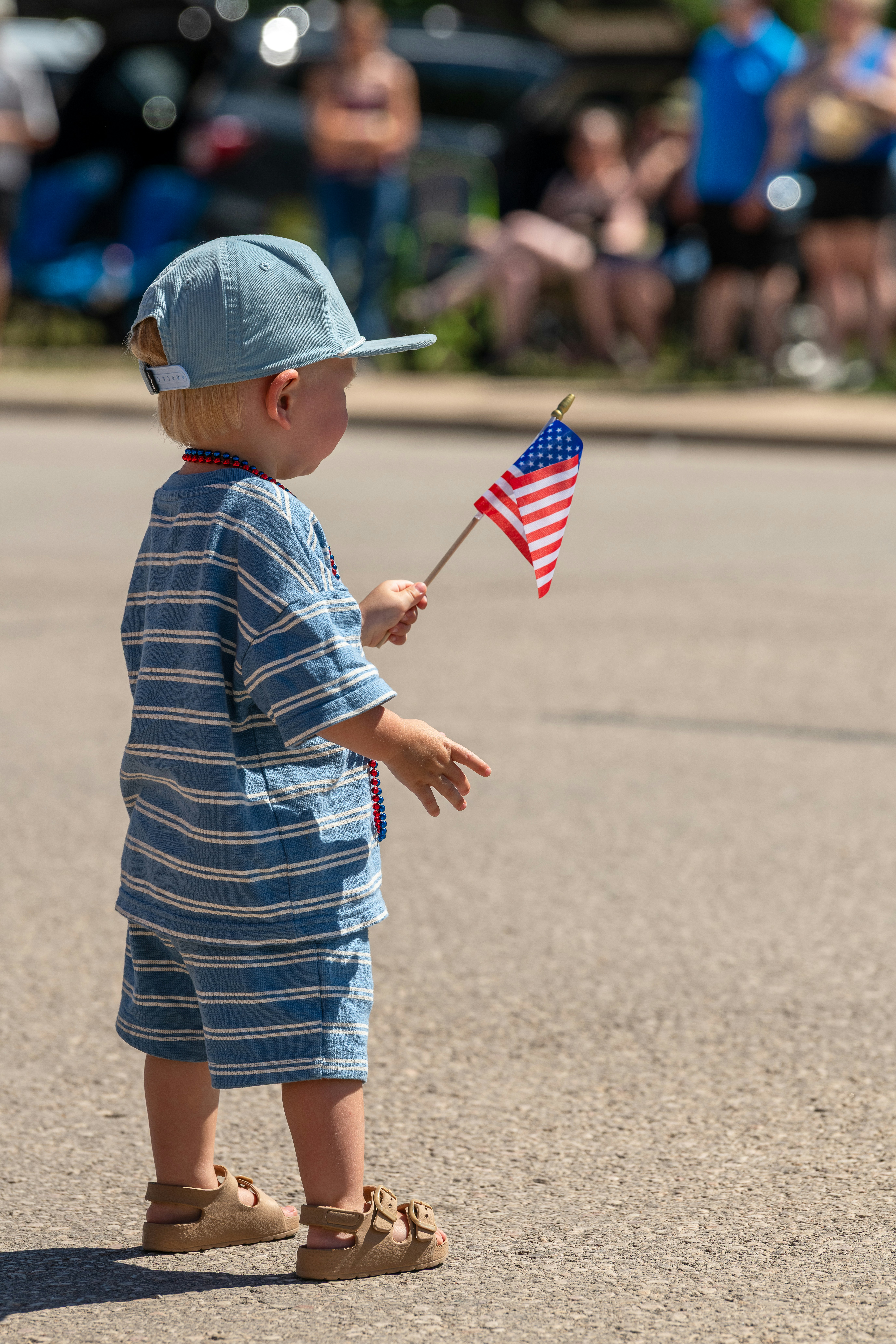 Tiny Flag Bearer in a Sunlit Parade