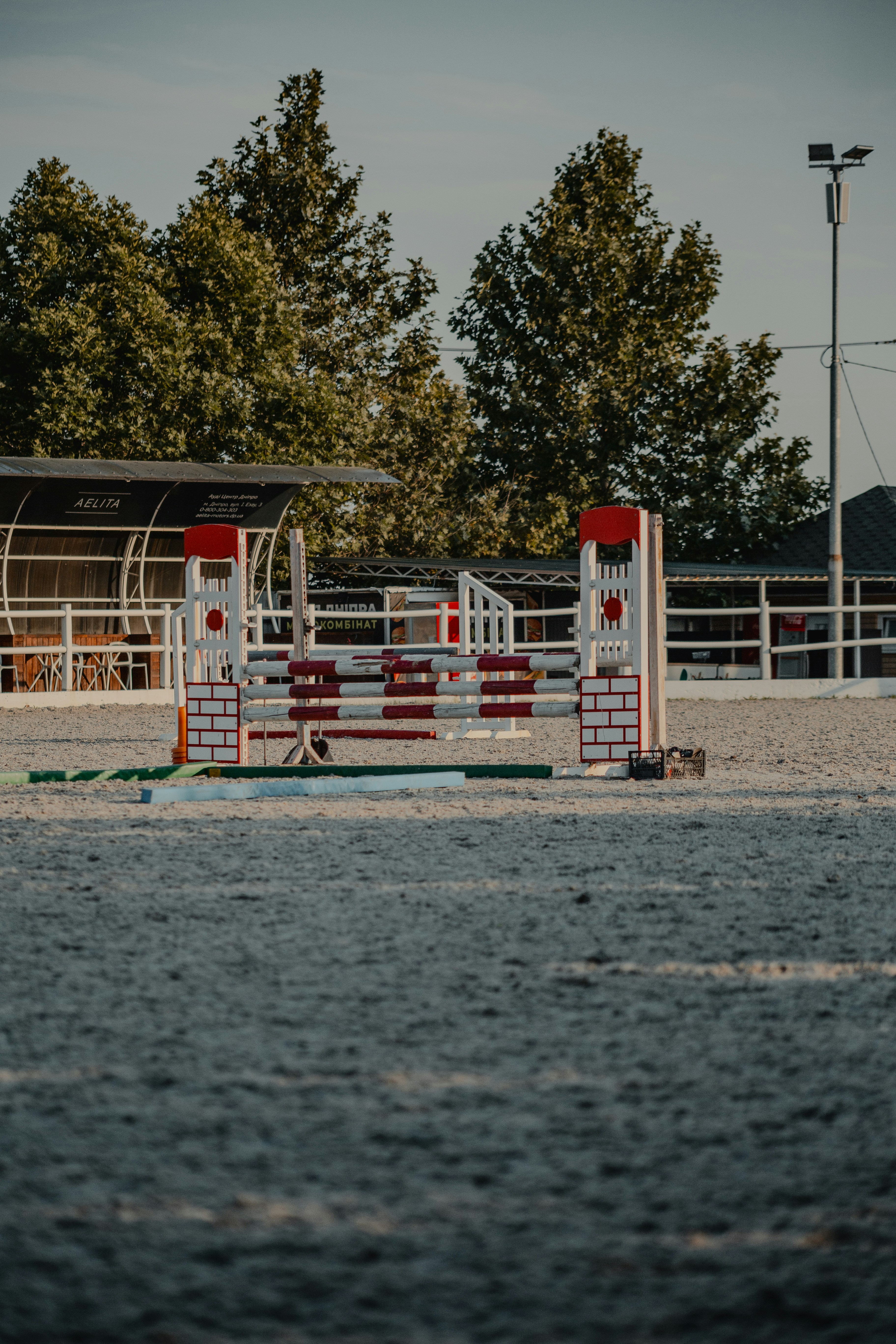 Sunlit Show Jump: Horses and Rails in a Quiet Arena