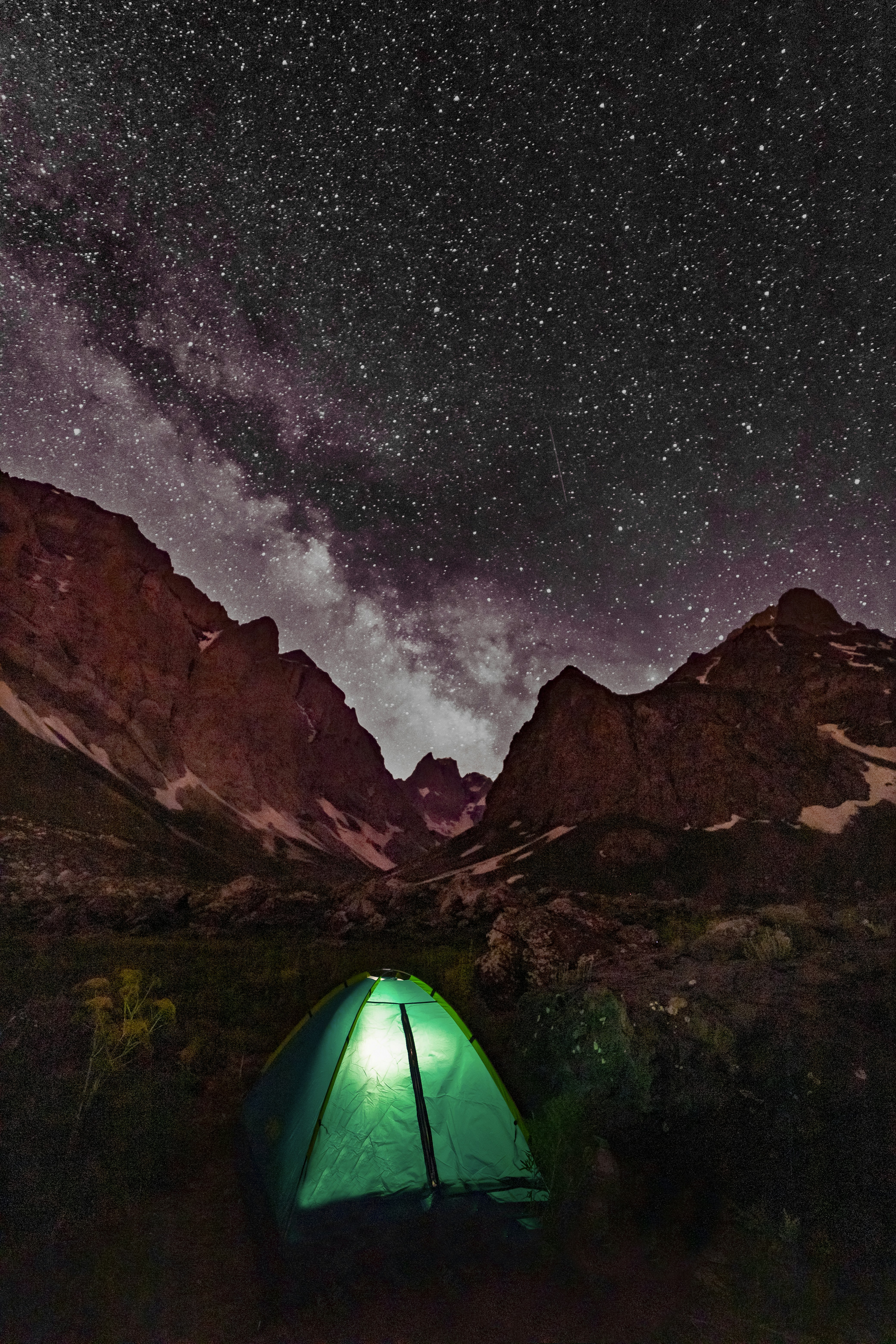 Green Tent Under a Milky Way Crowned Canyon