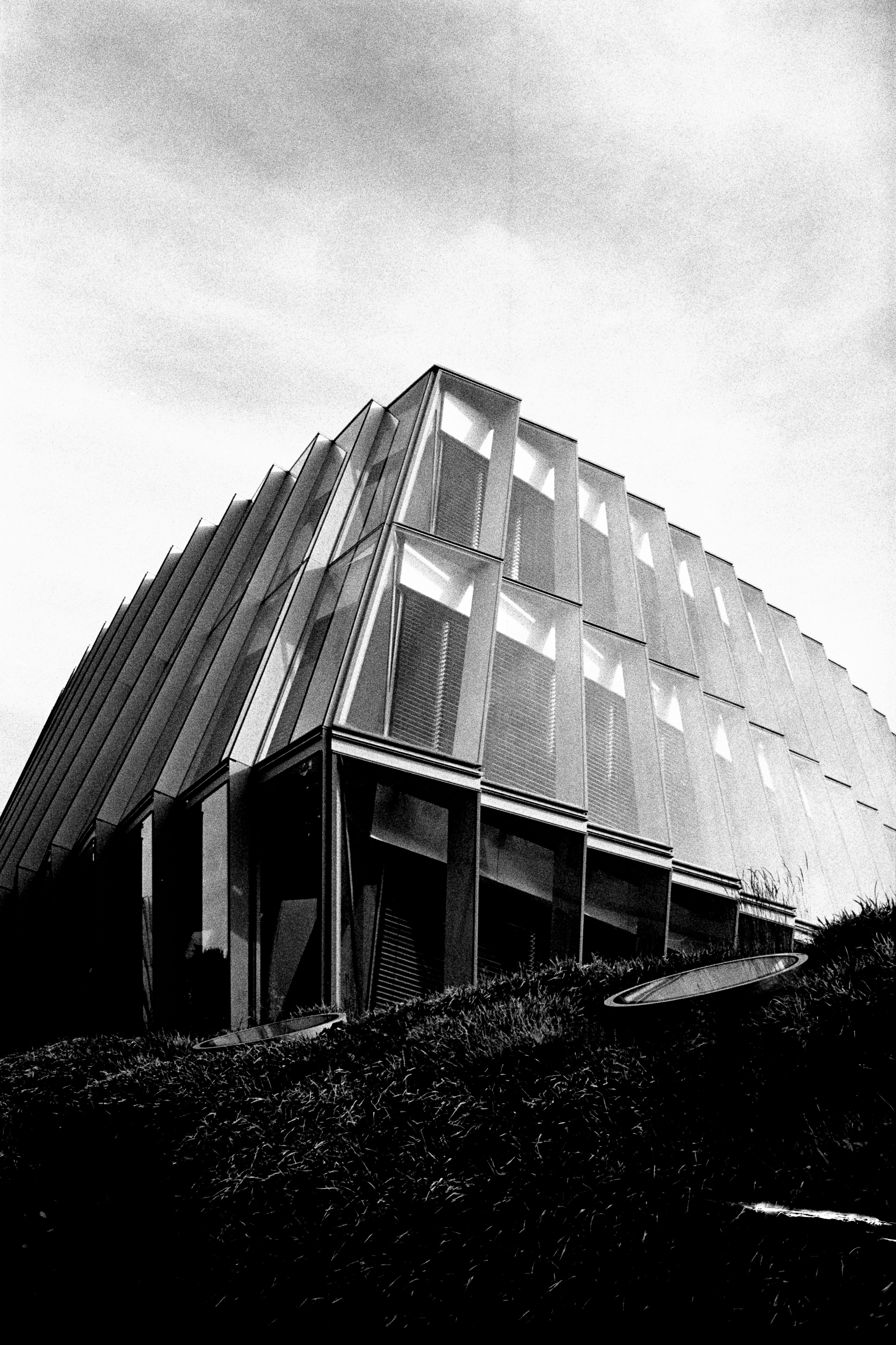 Monolithic Facade: An angled Modernism Rising from the Ground