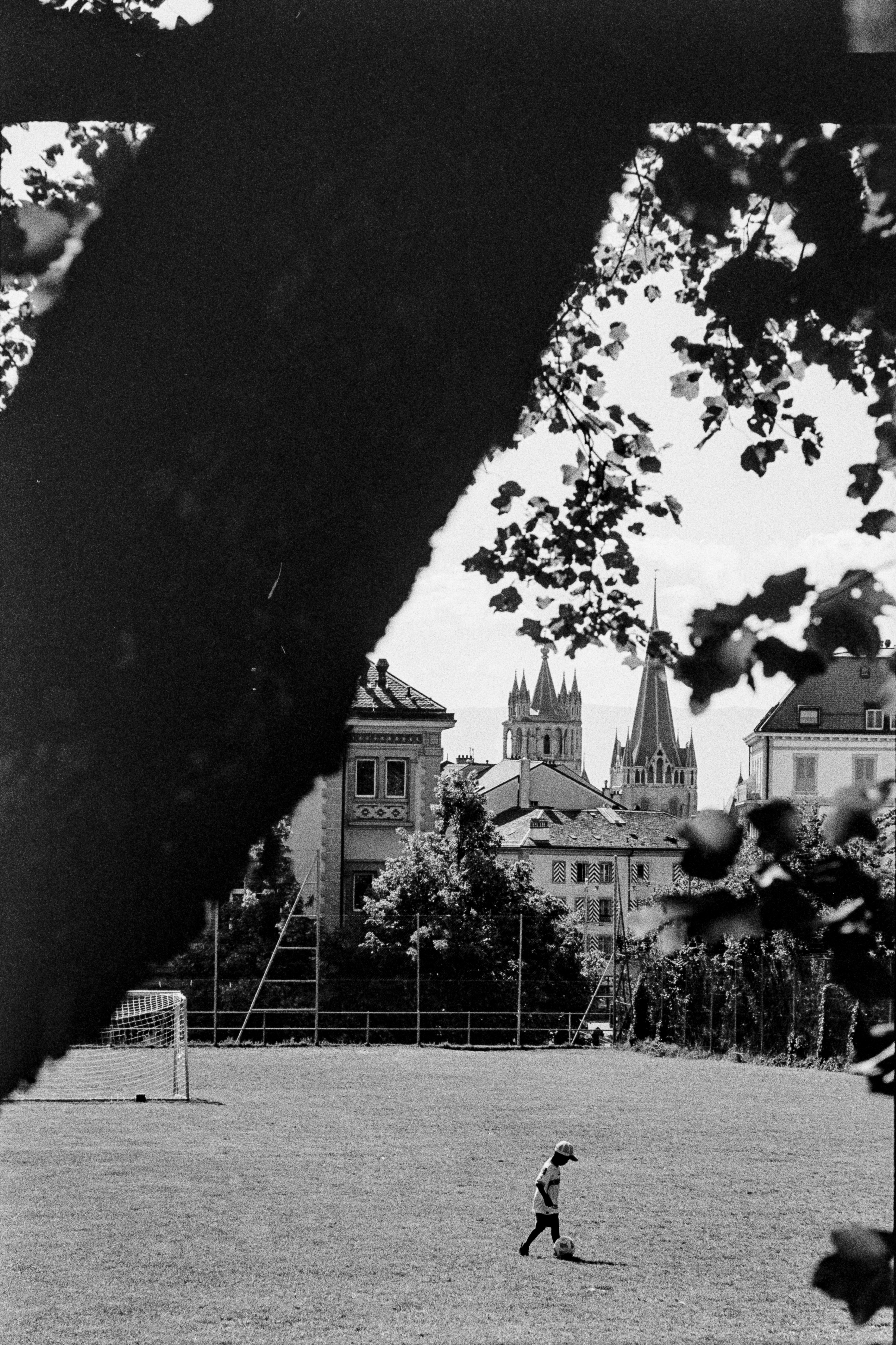Child with a Soccer Ball Under a Framing Tree with a Cityscape