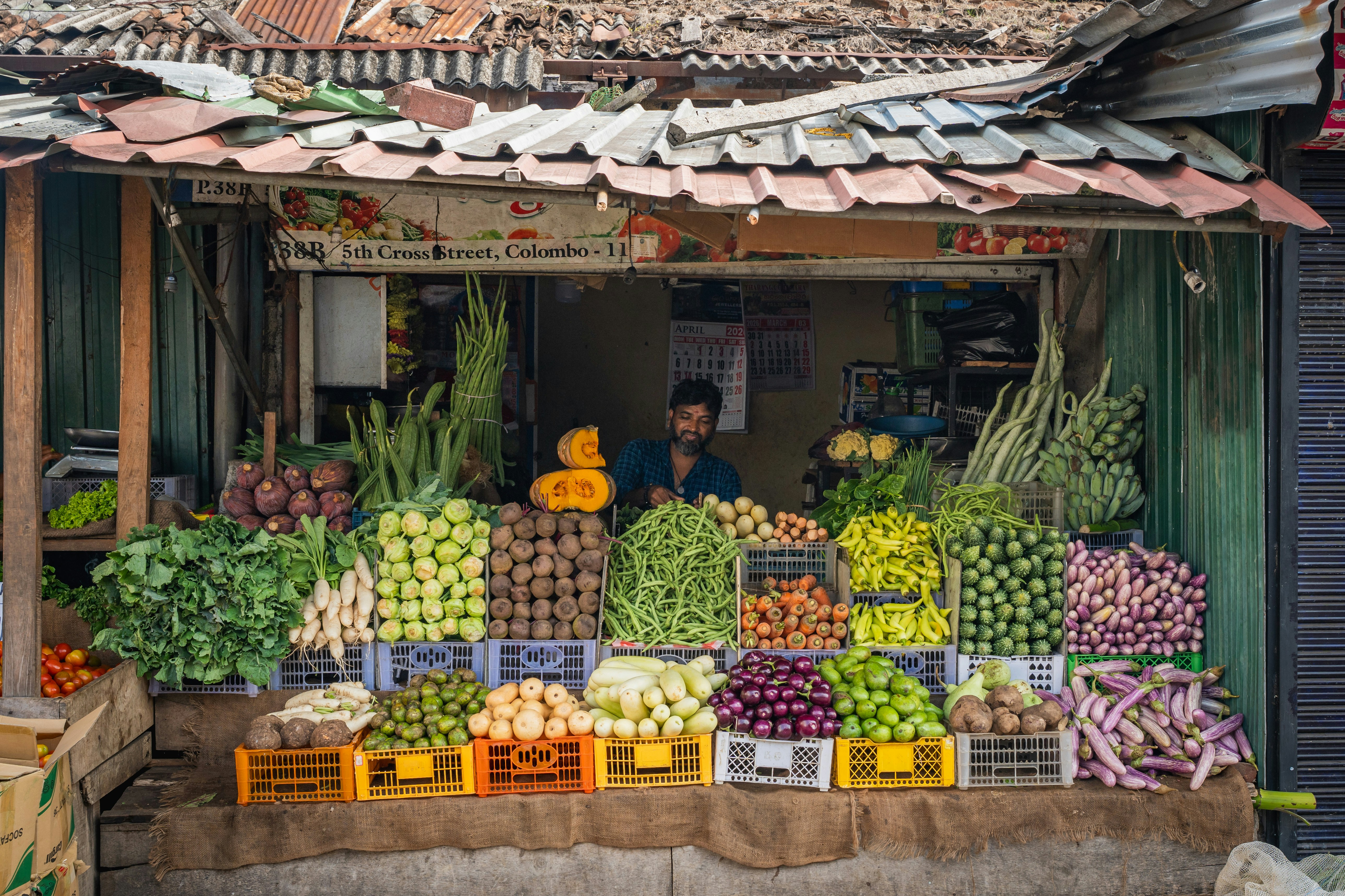 Market Stall Constellation: A Central Vendor Surrounded by a Kaleidoscope of Fresh Produce