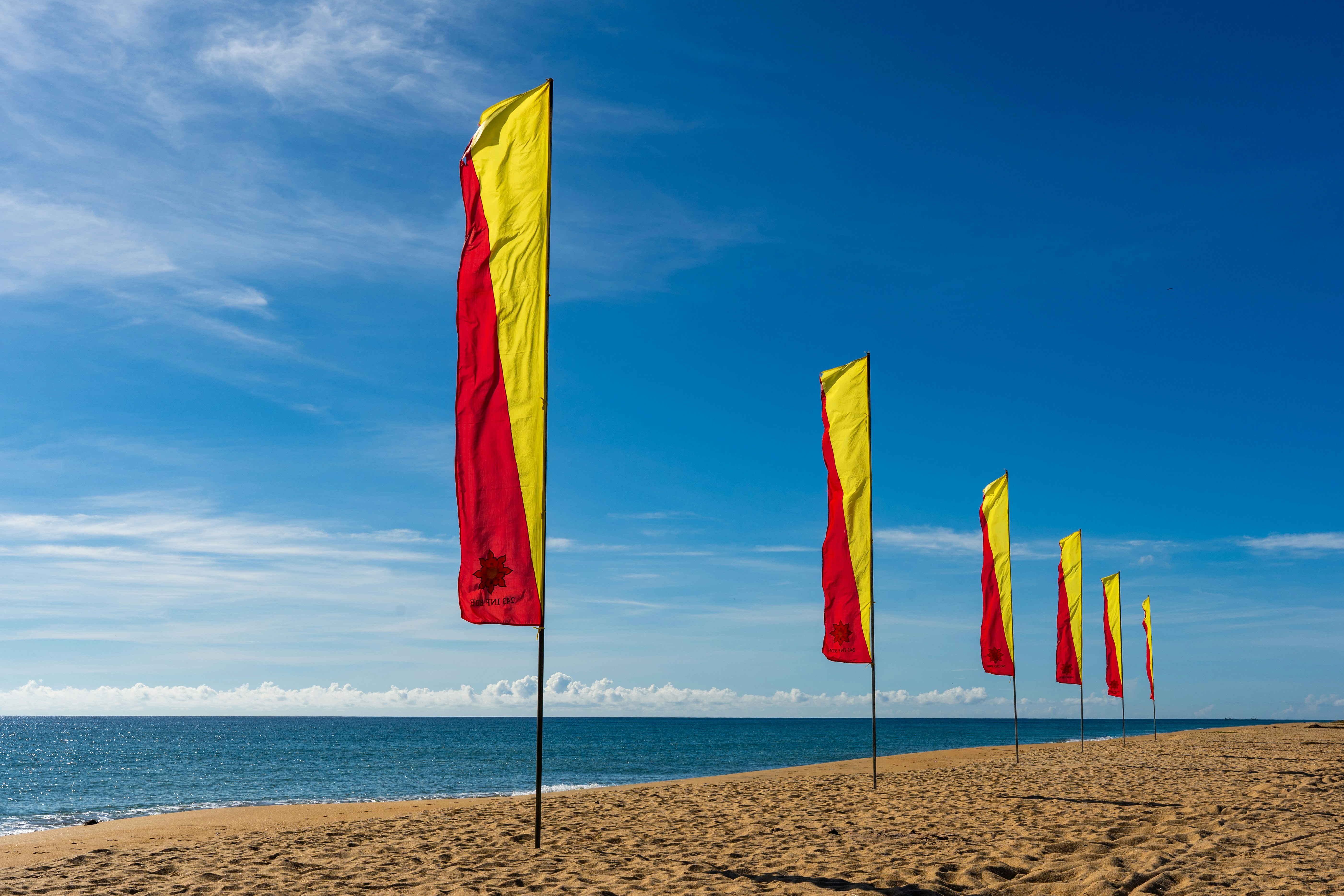 Row of Colorful Flags Stretches Along a Quiet Beach