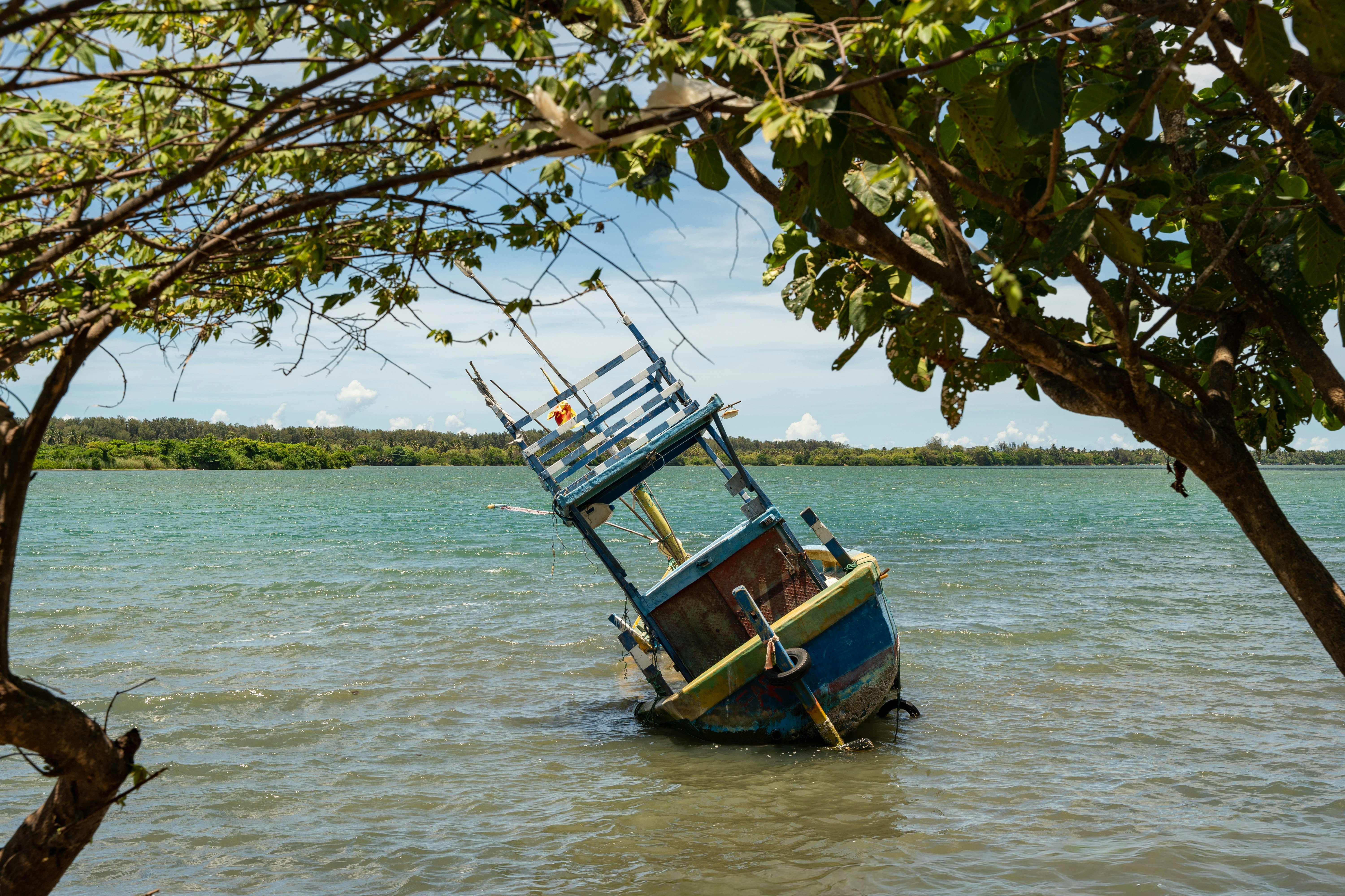 Anchored Vessel in a Calm Lagoon Framed by Overhanging Tree