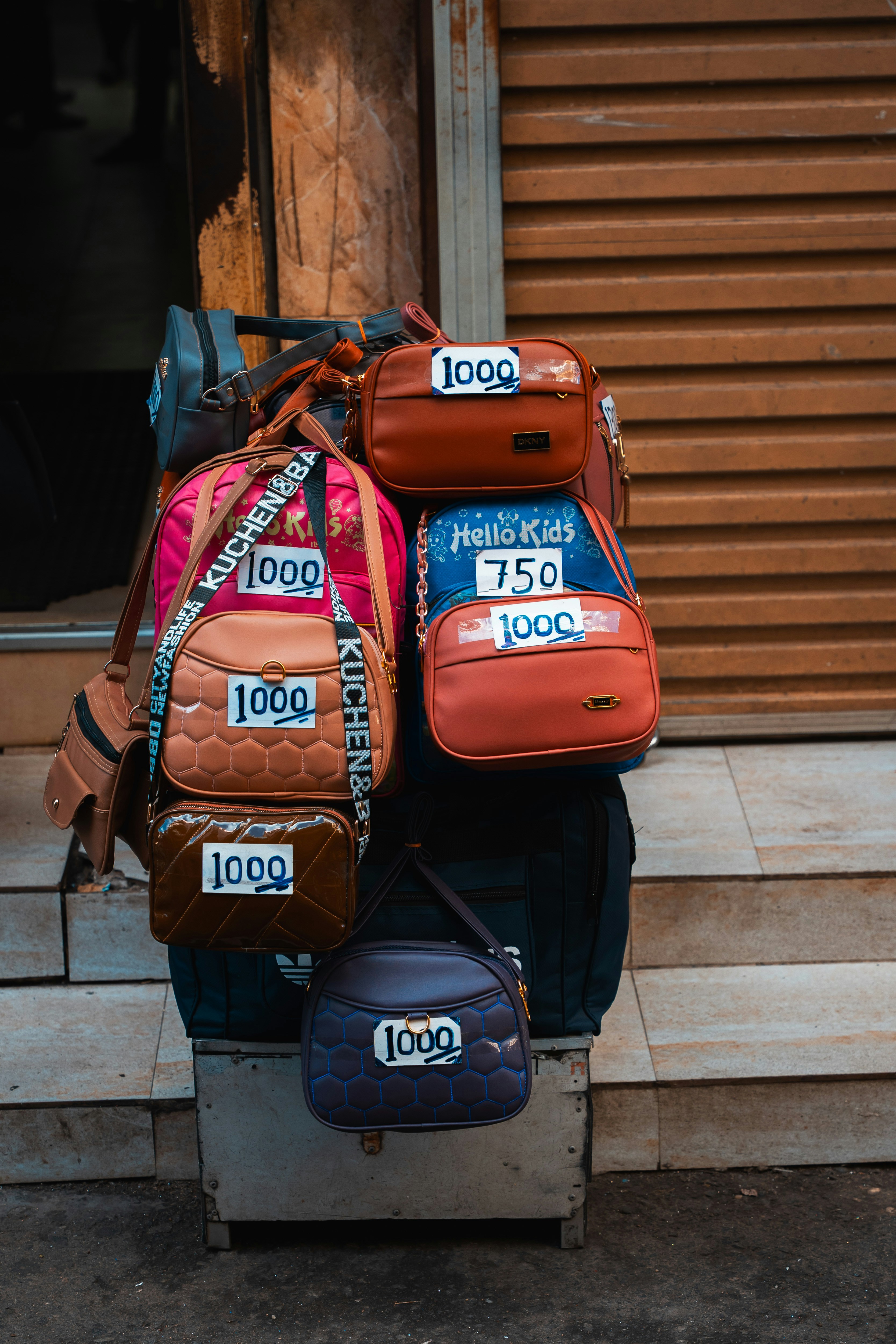 Colorful Backpack Parade: A Street Corner of Goods