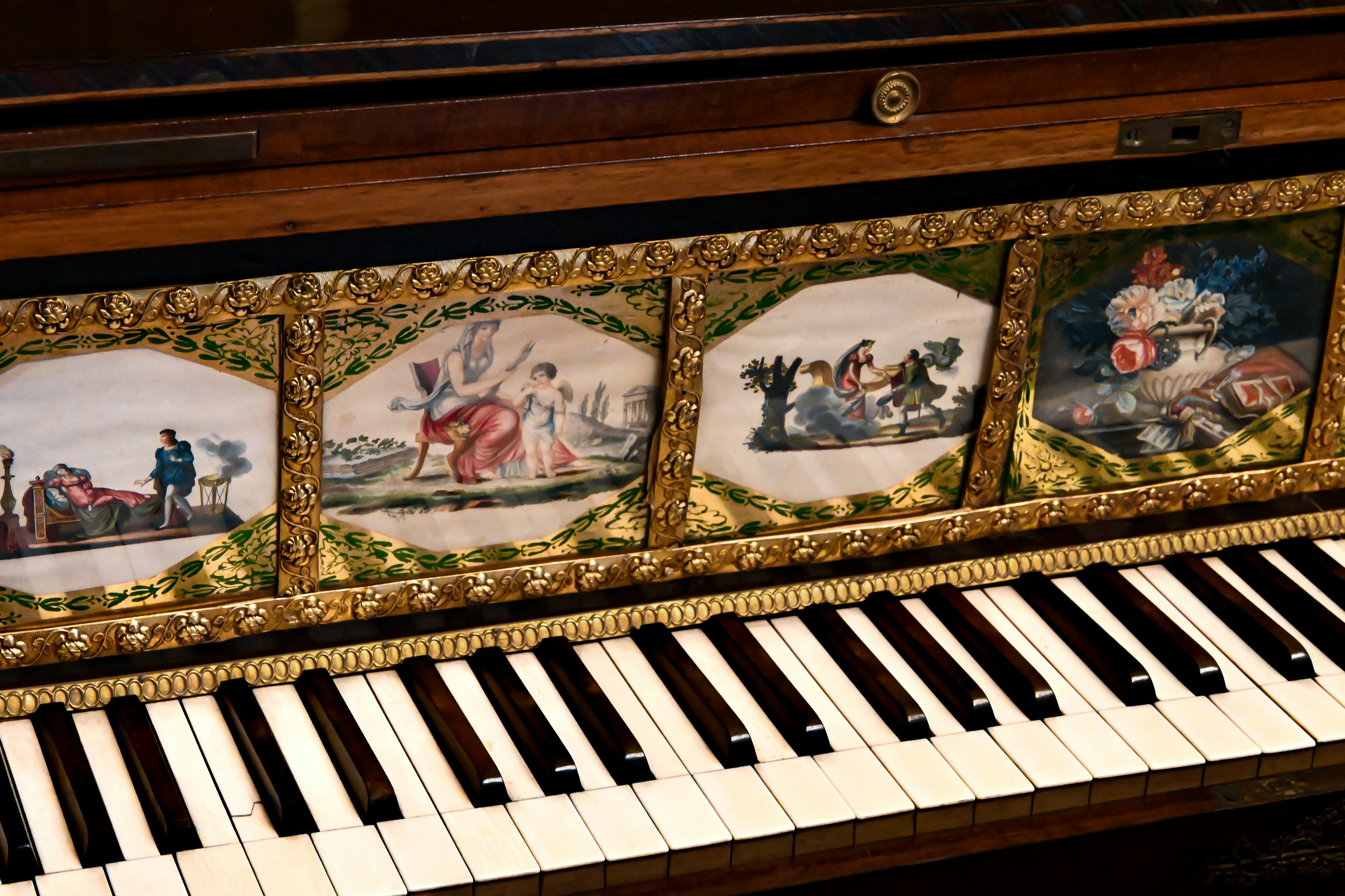 Ornate Panelled Piano: Painted Panels Above the Keyboard