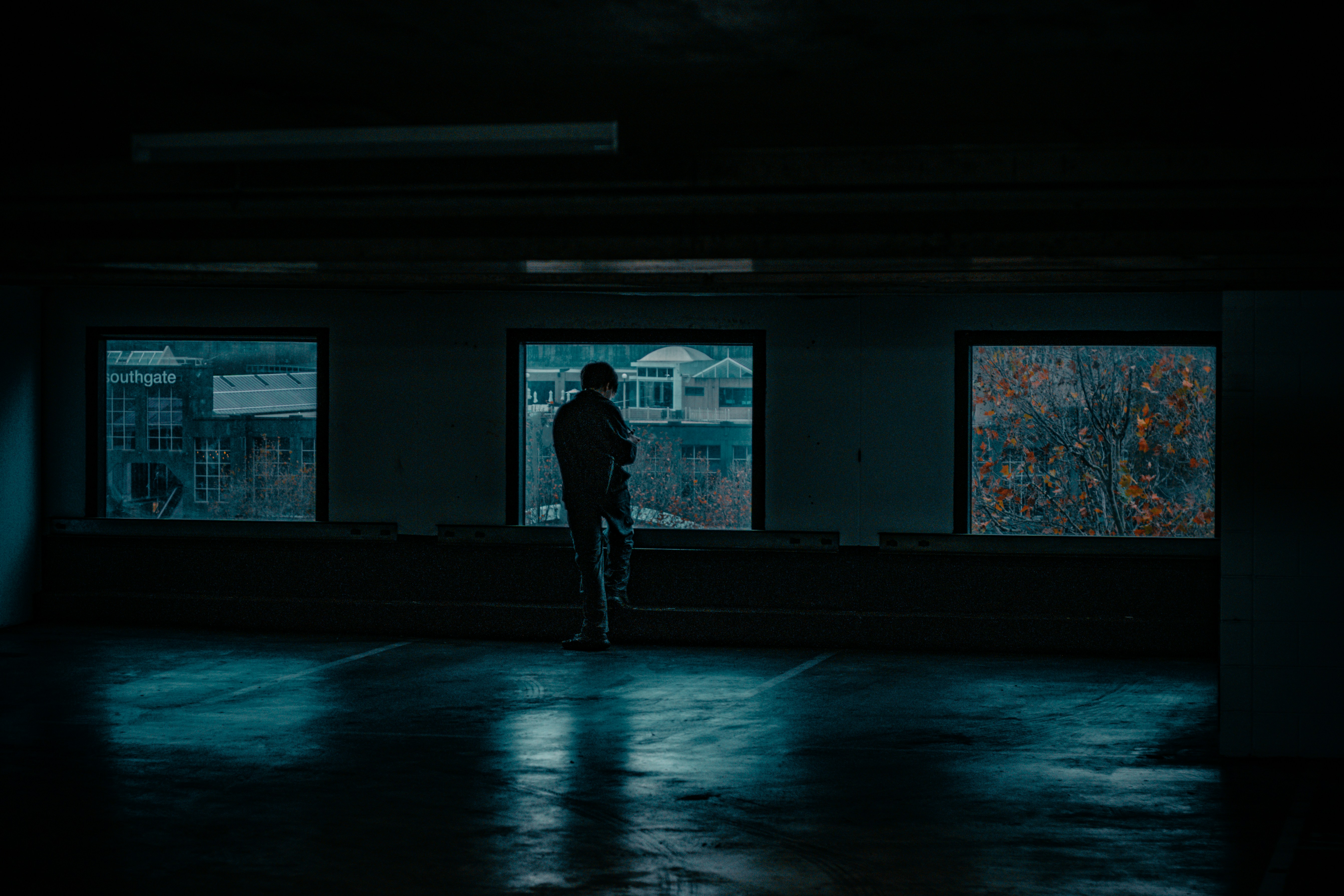 Muted Vigil: A Lone Figure Contemplates Through Industrial Windows