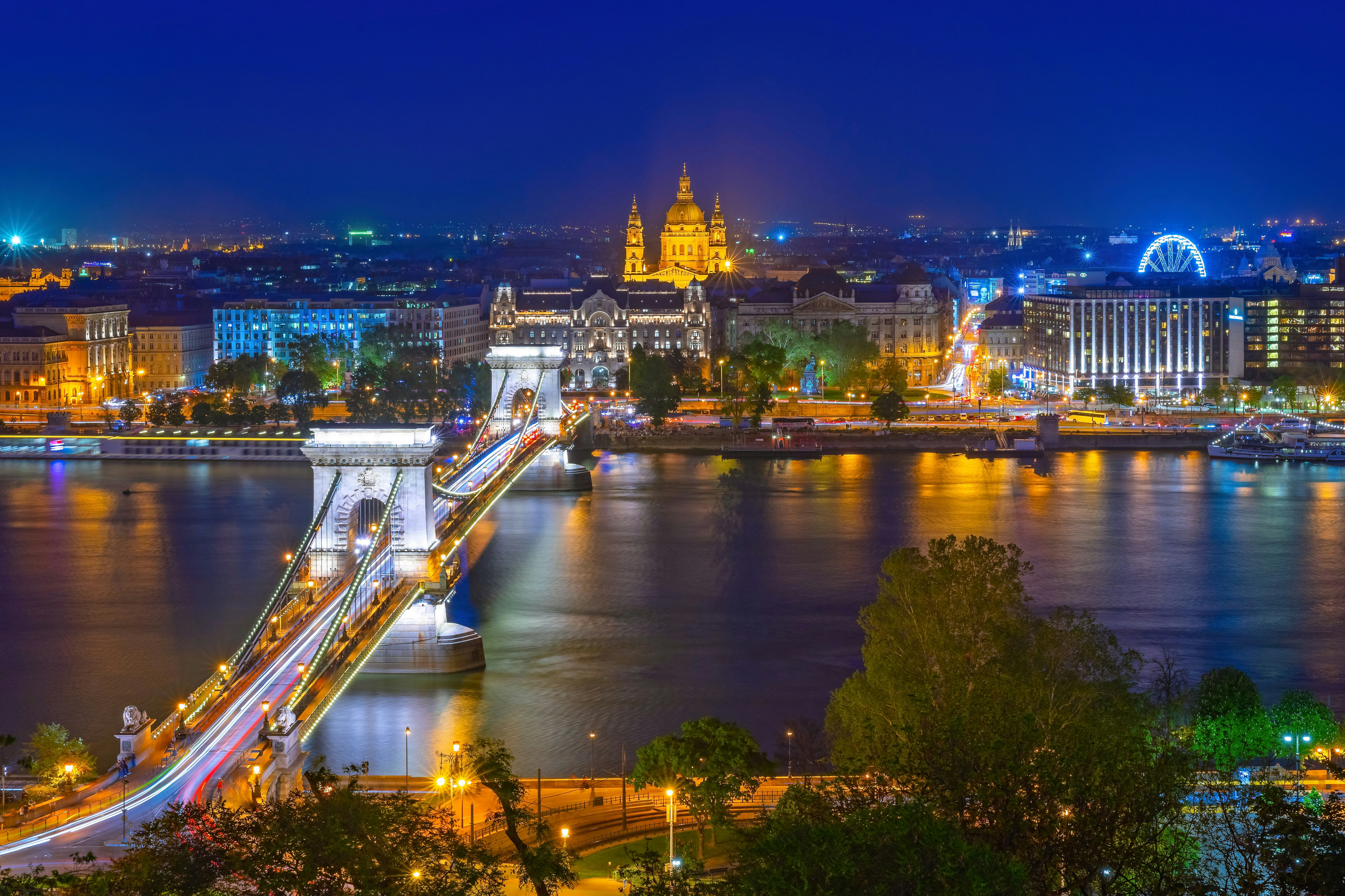 Illuminated Chain Bridge Over the Danube at Dusk