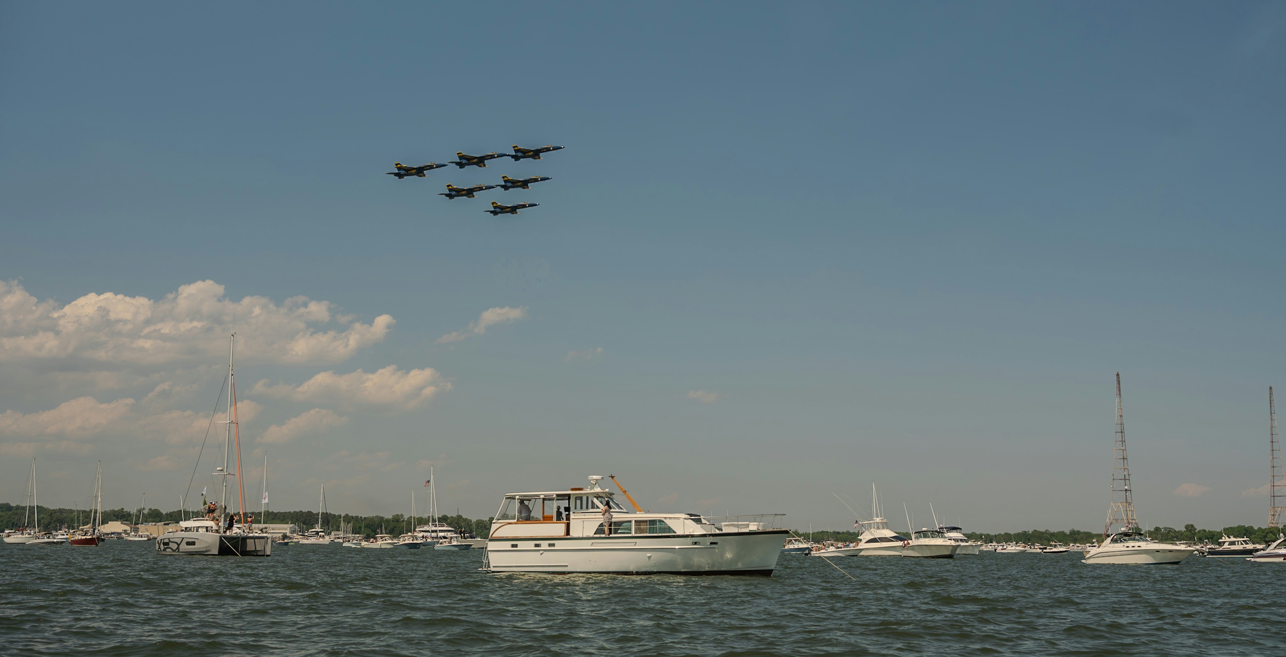 Low-Profile Convoy: A Boat Parade Under a V-Formation Sky