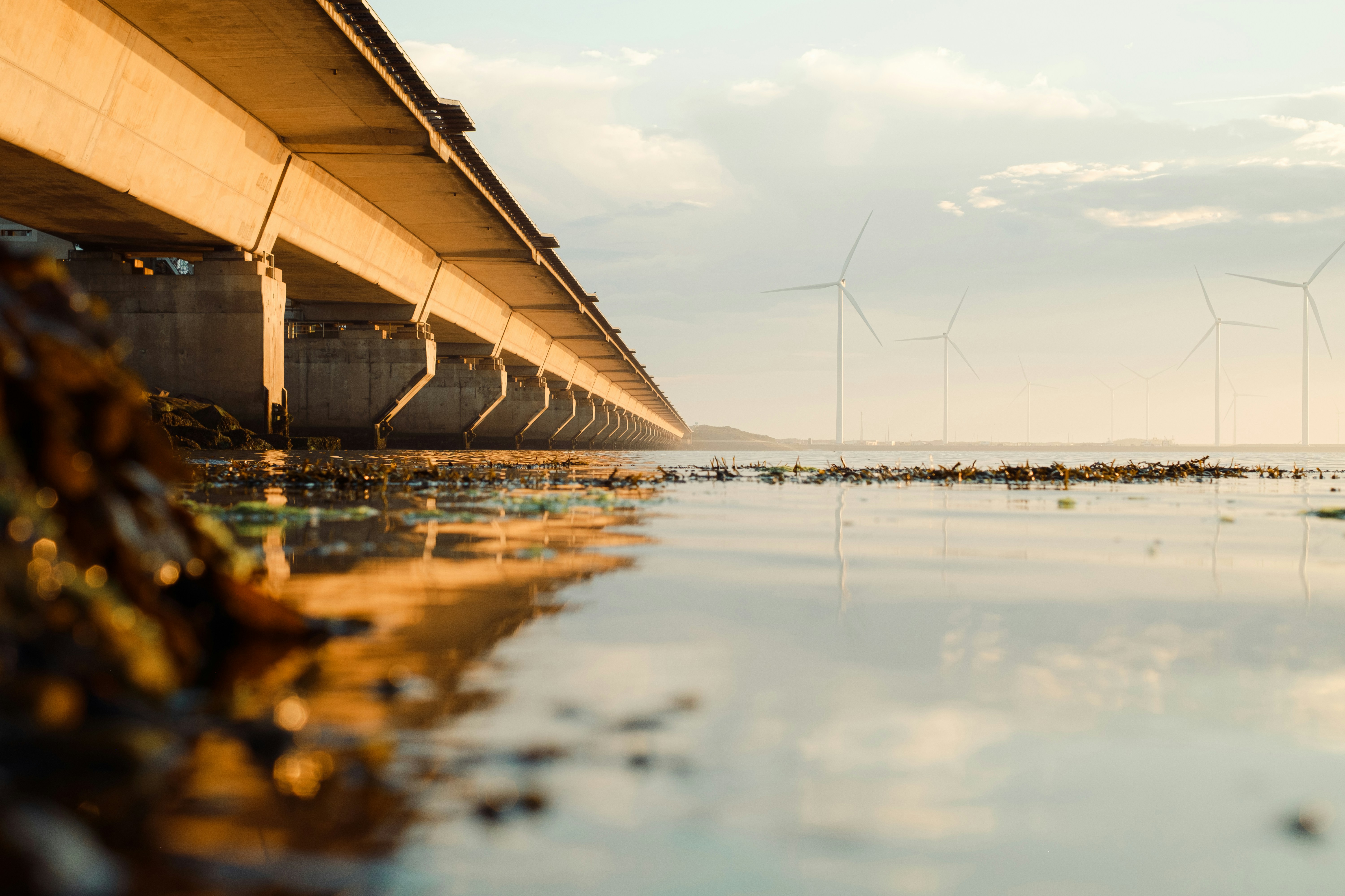 Bridge over tidal ripples: offshore wind turbines loom beyond the marina