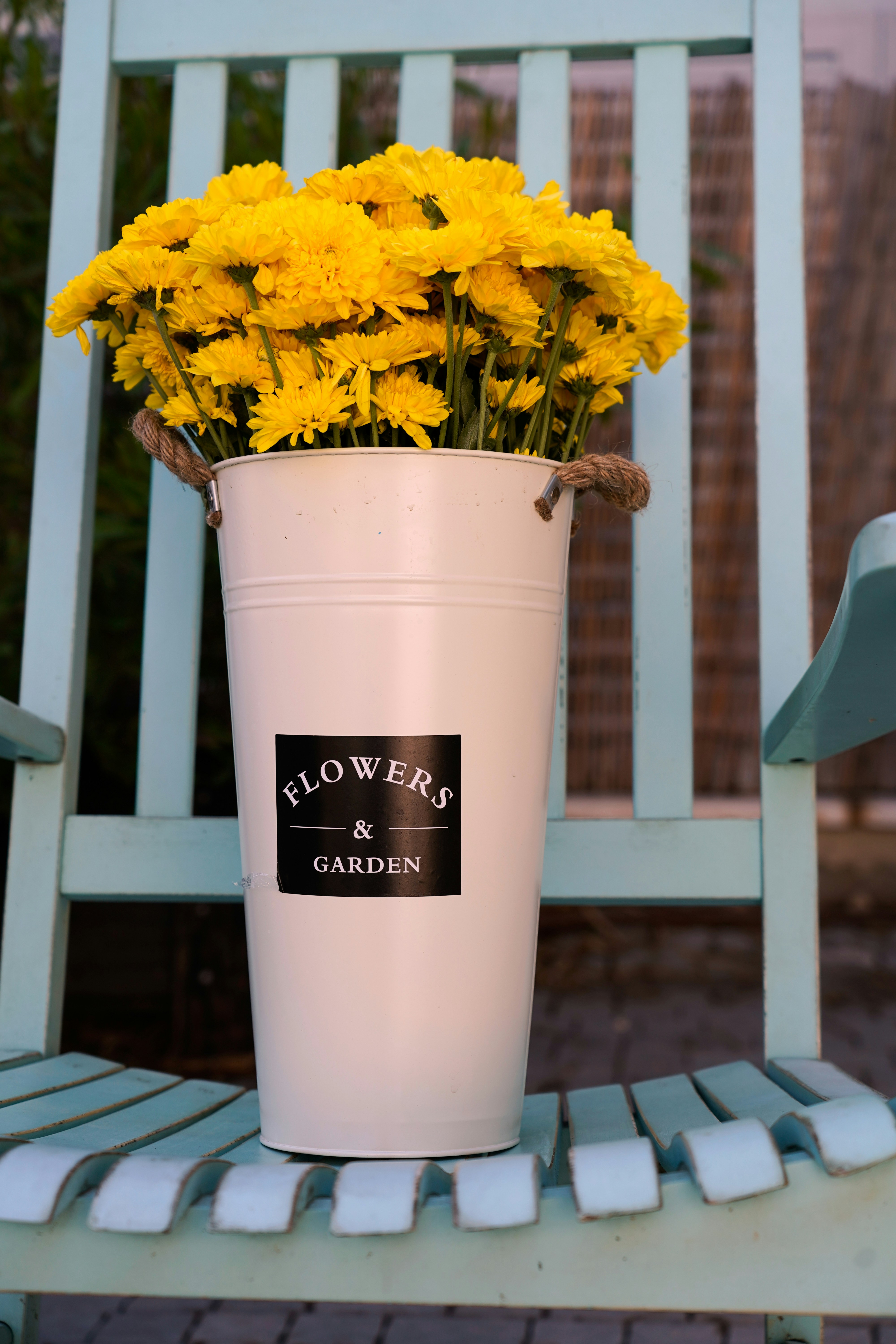 Sunny bouquet in a pale-blue chair: a simple garden still life