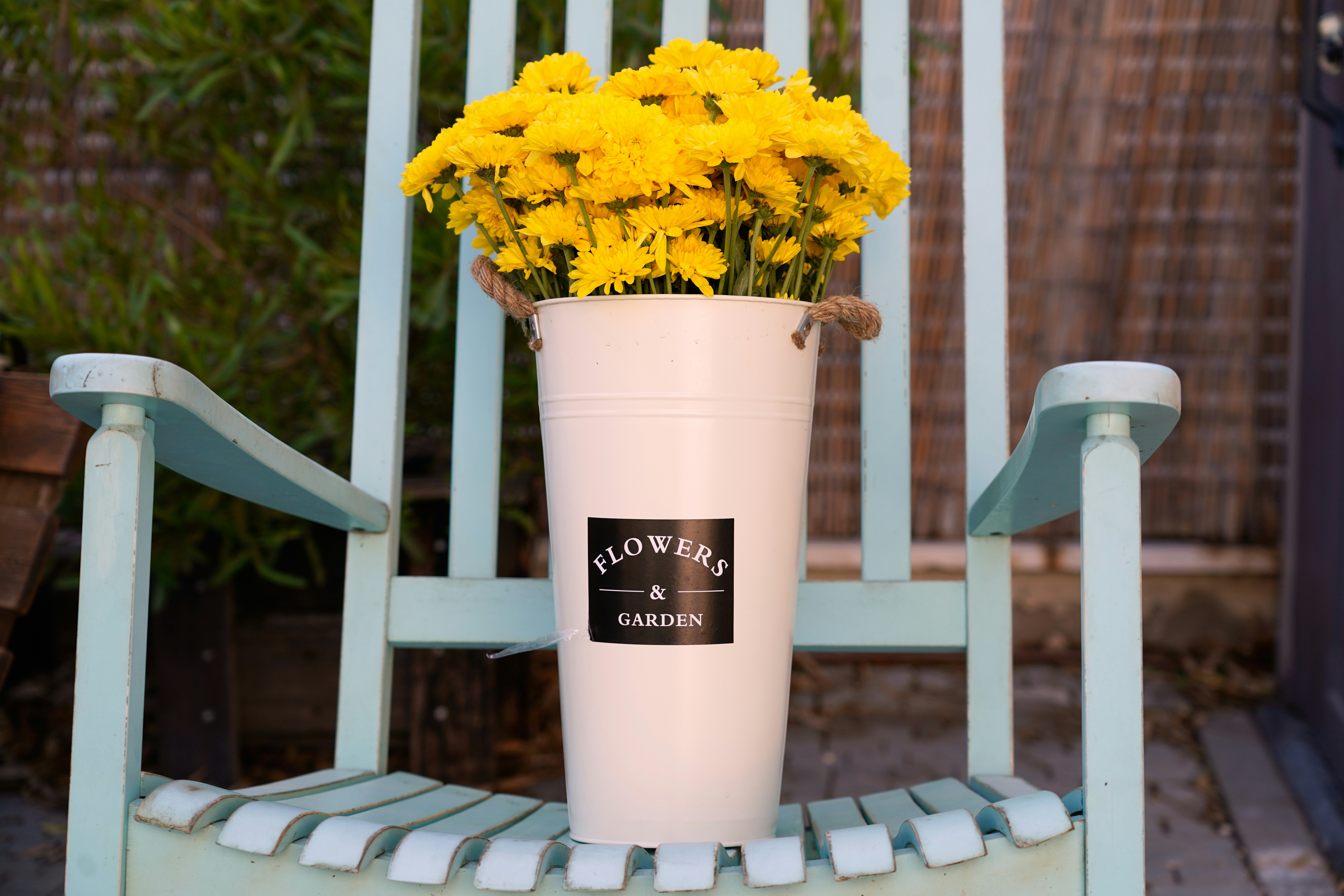 Sunny Bouquet in a Pale Vase: Garden Chair Still Life