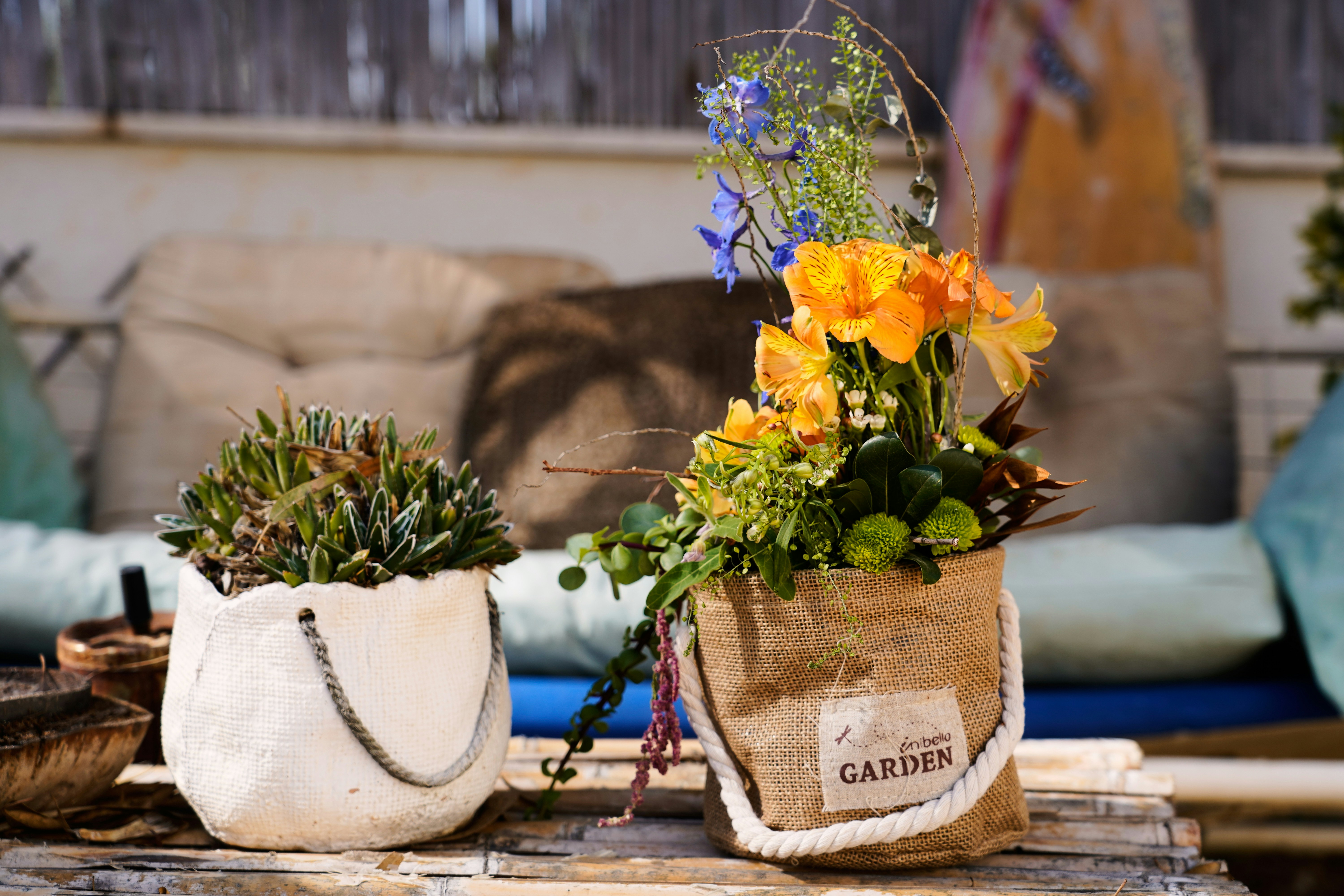 Sunlit Bouquet in Burlap Cradle: A Quiet Coastal Tabletop Moment