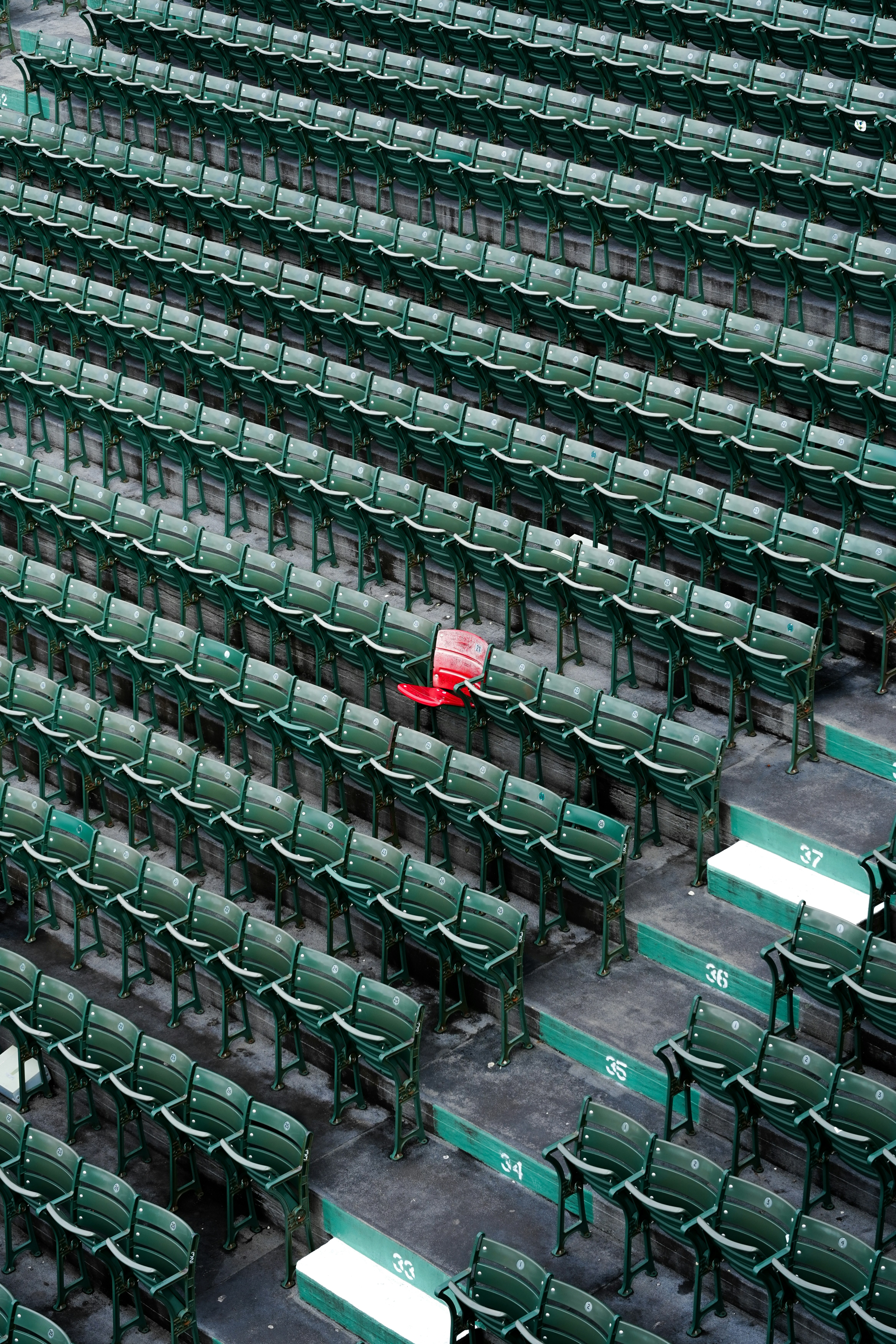 Single Red Seat Amid Sea of Emerald Stadium Chairs
