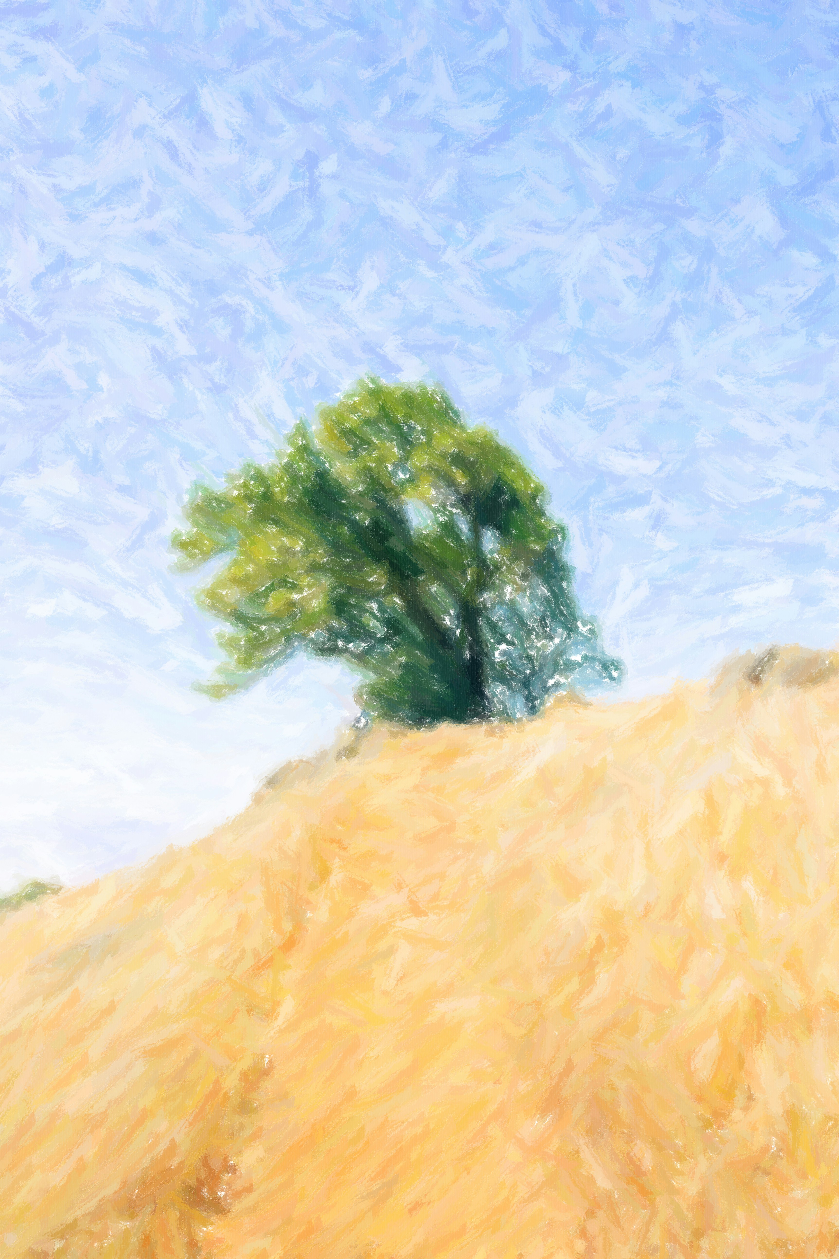  Lone Tree atop a Golden Slope in Soft-Edged Summer Light