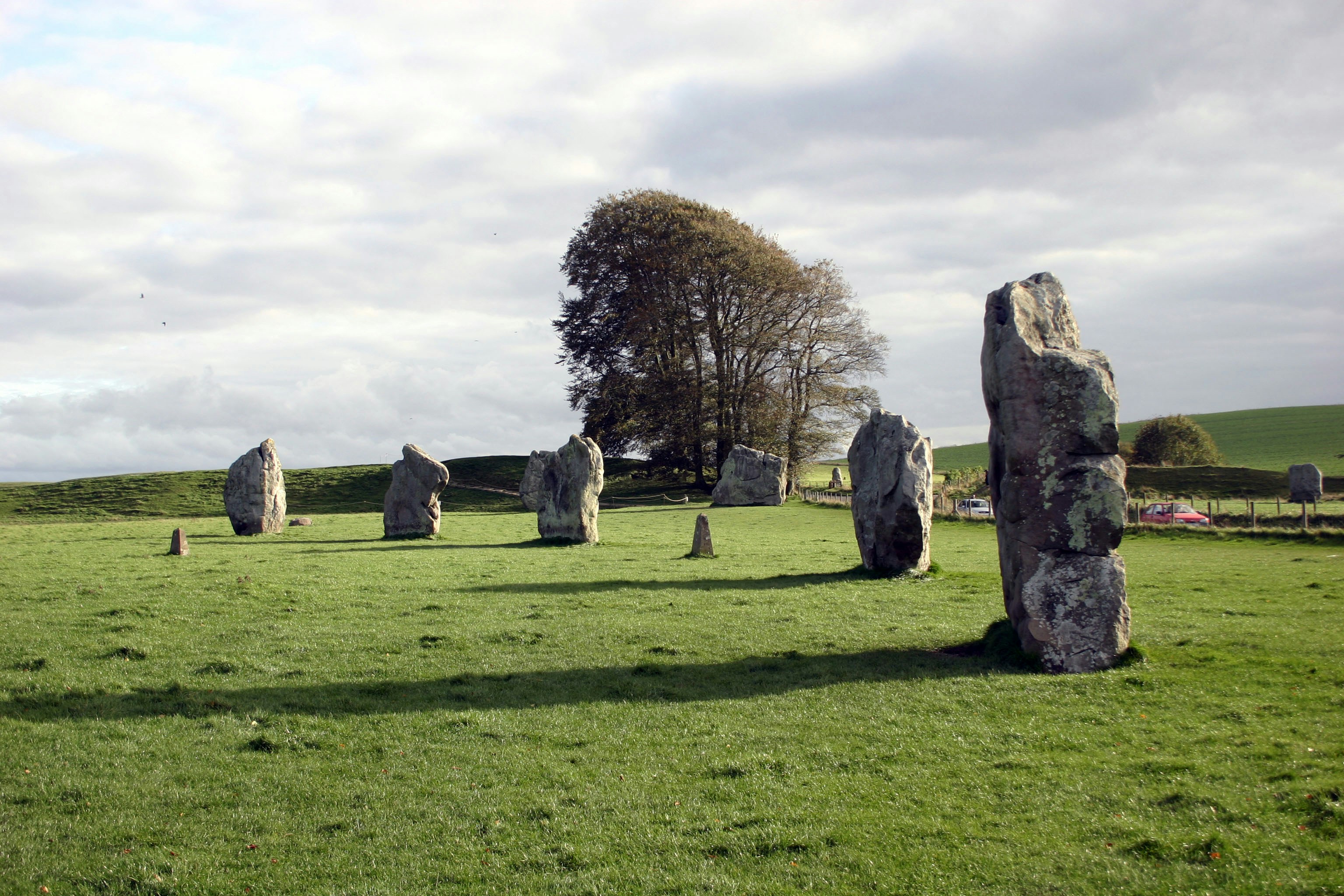 Dawn-lit field with a circle of standing stones and a central tree, arranged across a grassy landscape with a distant horizon.