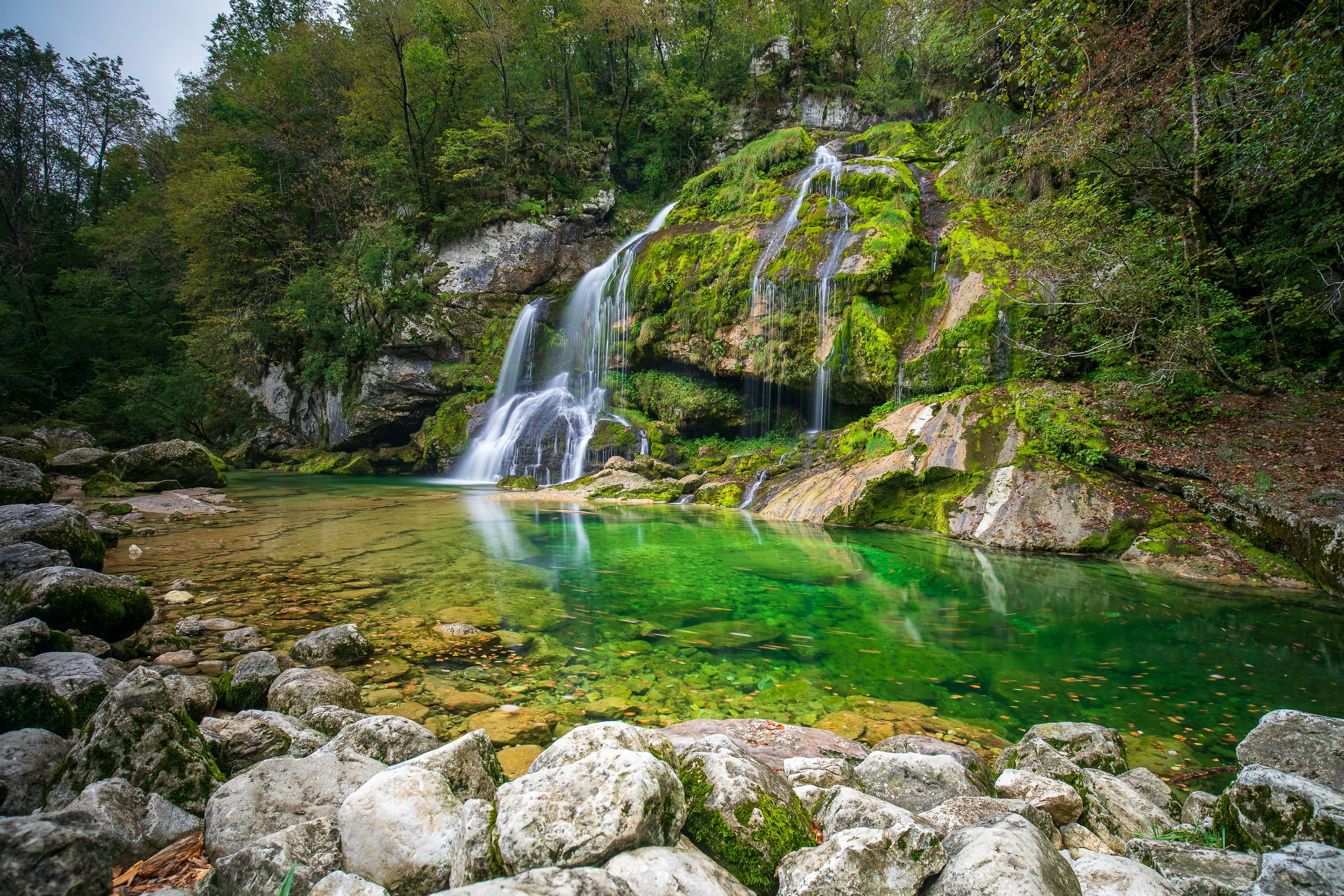 Emerald Cascade: Mossy Rocks Framing a Quiet Waterfall