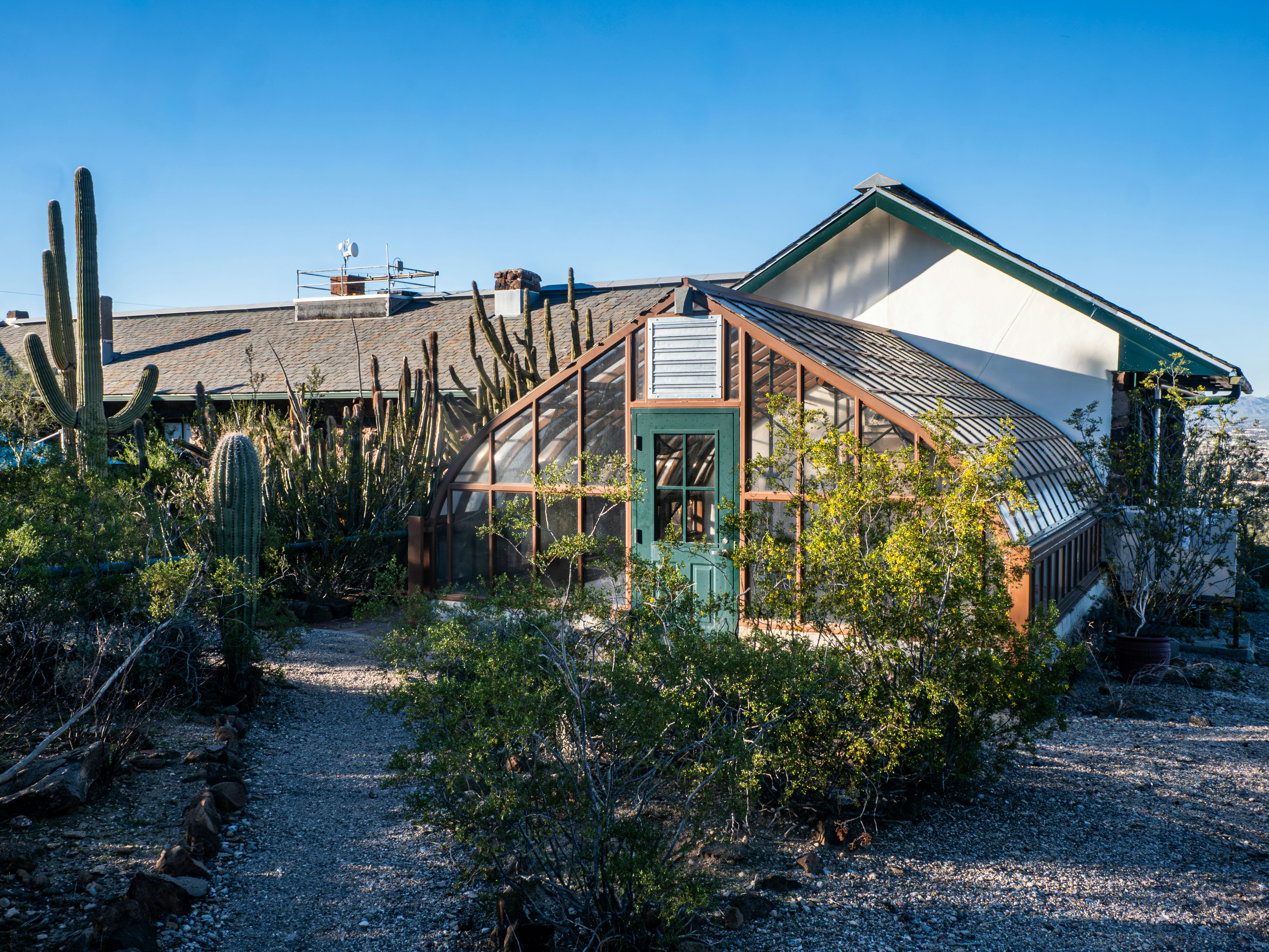 Greenhouse in a desert garden: glass curves amid cacti and gravel