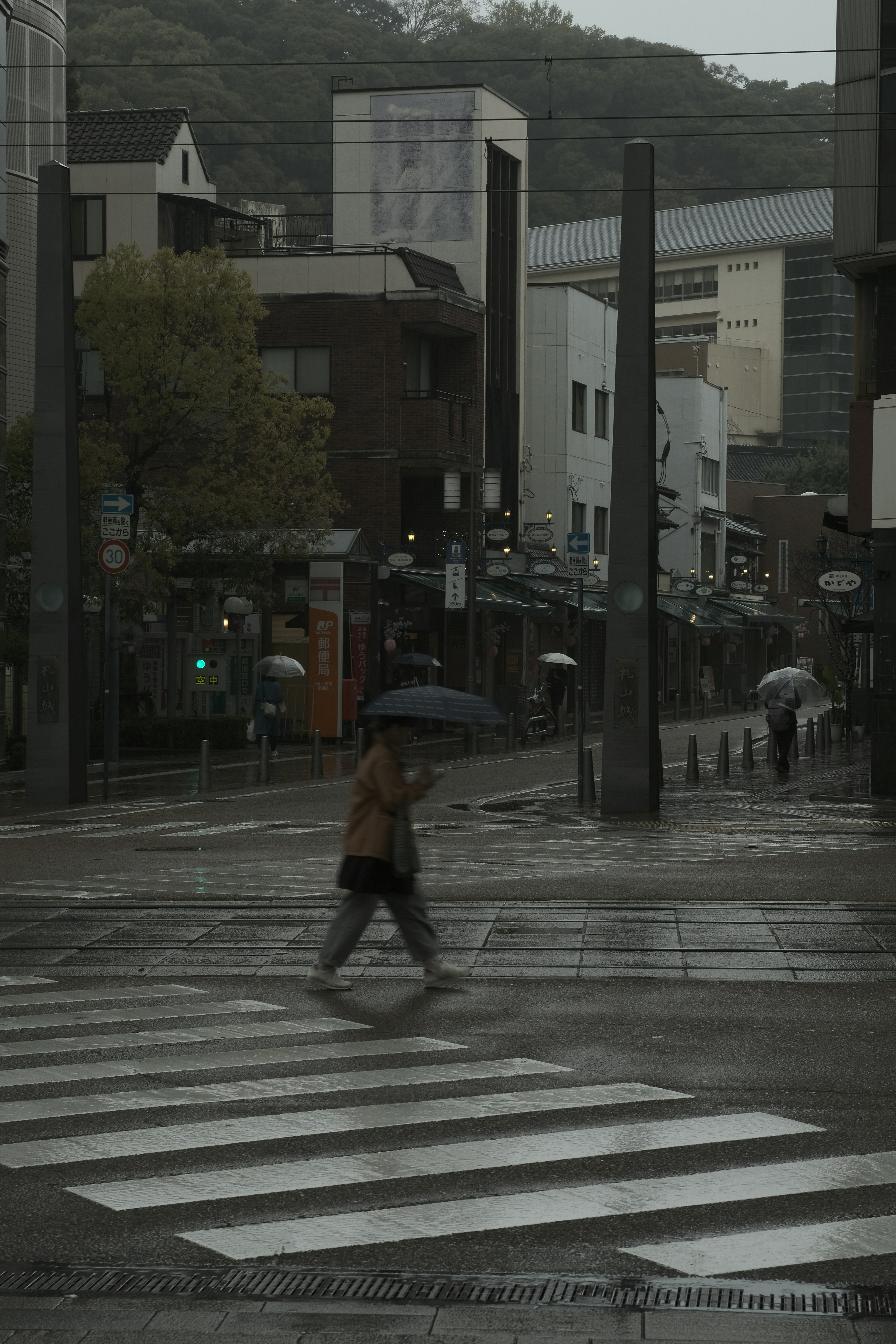 Rainy Crosswalk Pulse: A Quiet City Moment Under Umbrellas