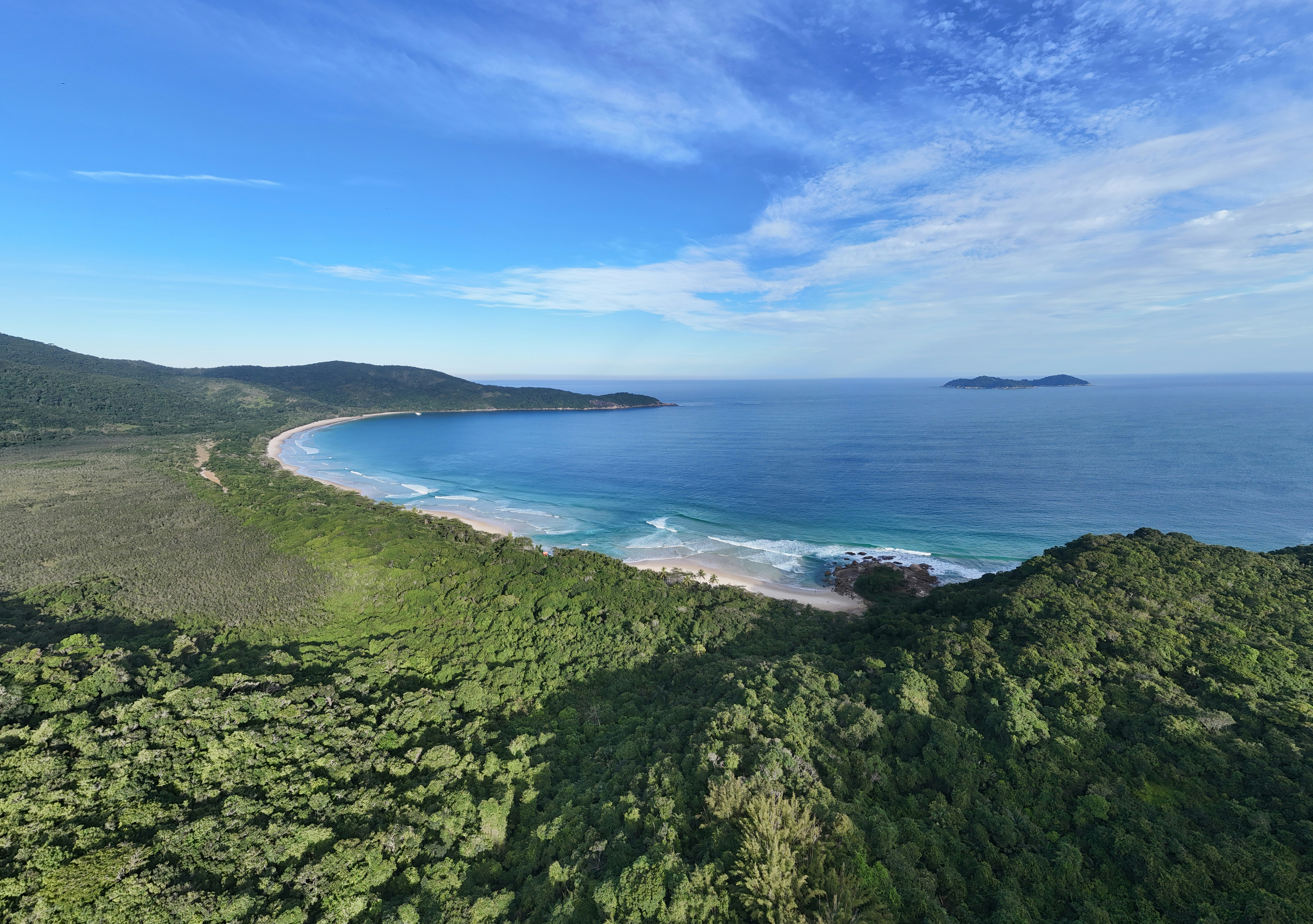 Coastal Ribbon: Aerial View of Beach, Forest, and Distant Island