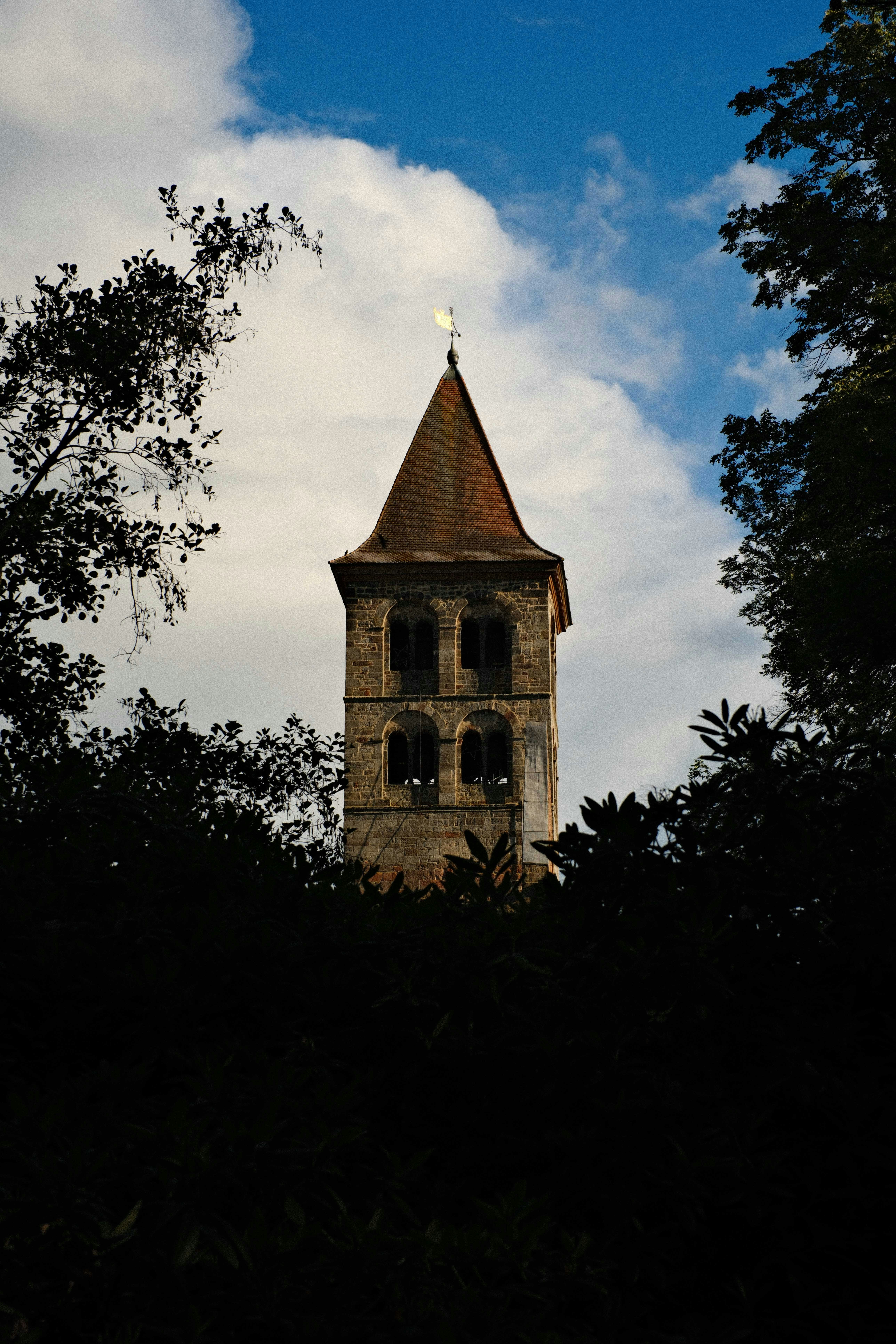 Tower Among Dark Foliage: A Sunset Vista of a Stone Bell Tower