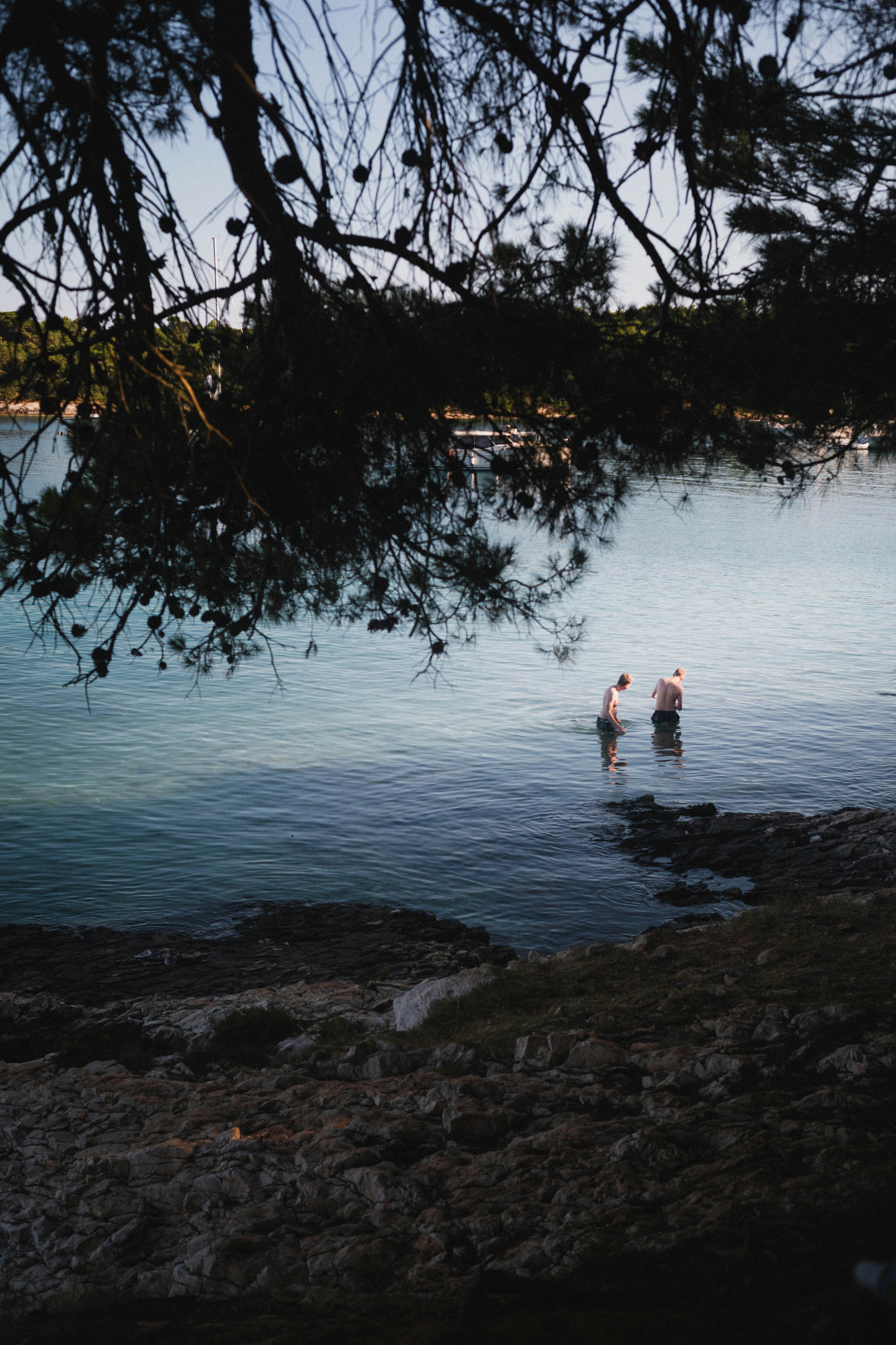 Two people wade in calm water along a rocky shoreline beneath dark overhanging branches at dusk; minimal foreground clutter and soft horizon line emphasize the tranquil scene.