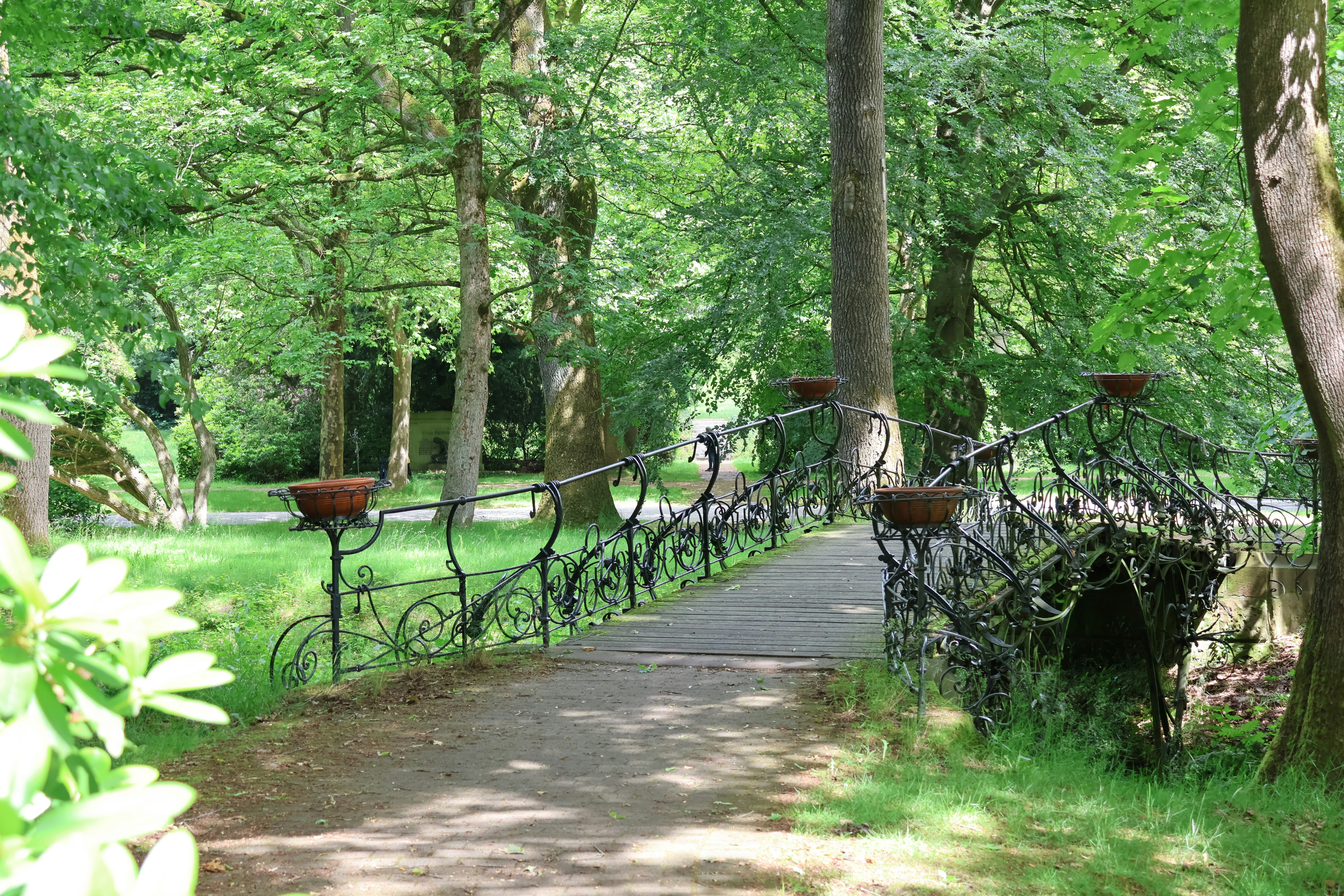 Sunlit park path with ornate iron rail bridge weaving through lush green trees; a serene, established garden scene with dappled light on the ground.