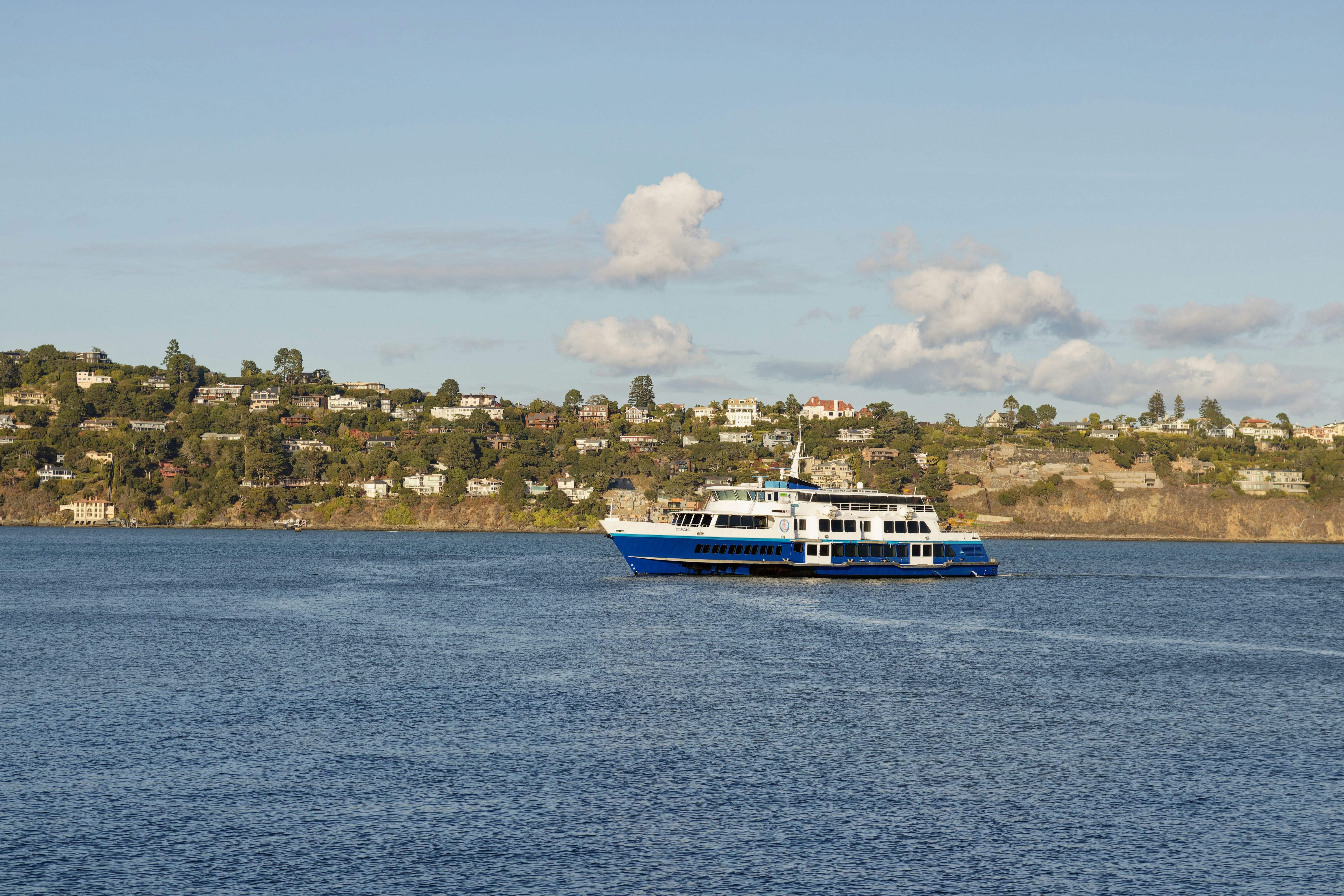 Blue Ferry Gliding Across the Quiet Harbor