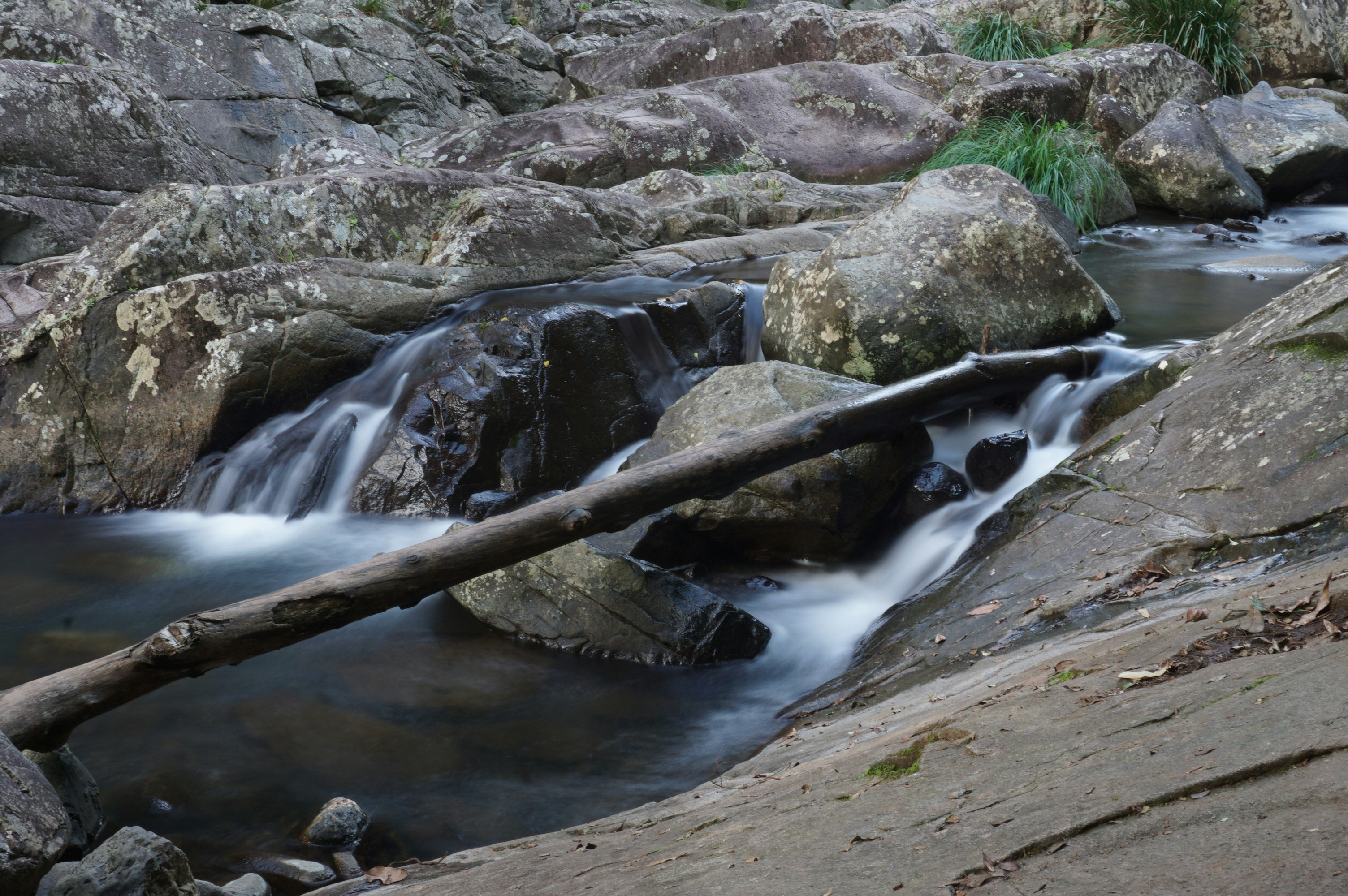 A mossy stream flows through a rocky landscape with a fallen log crossing the water, creating a natural foreground lead-in.