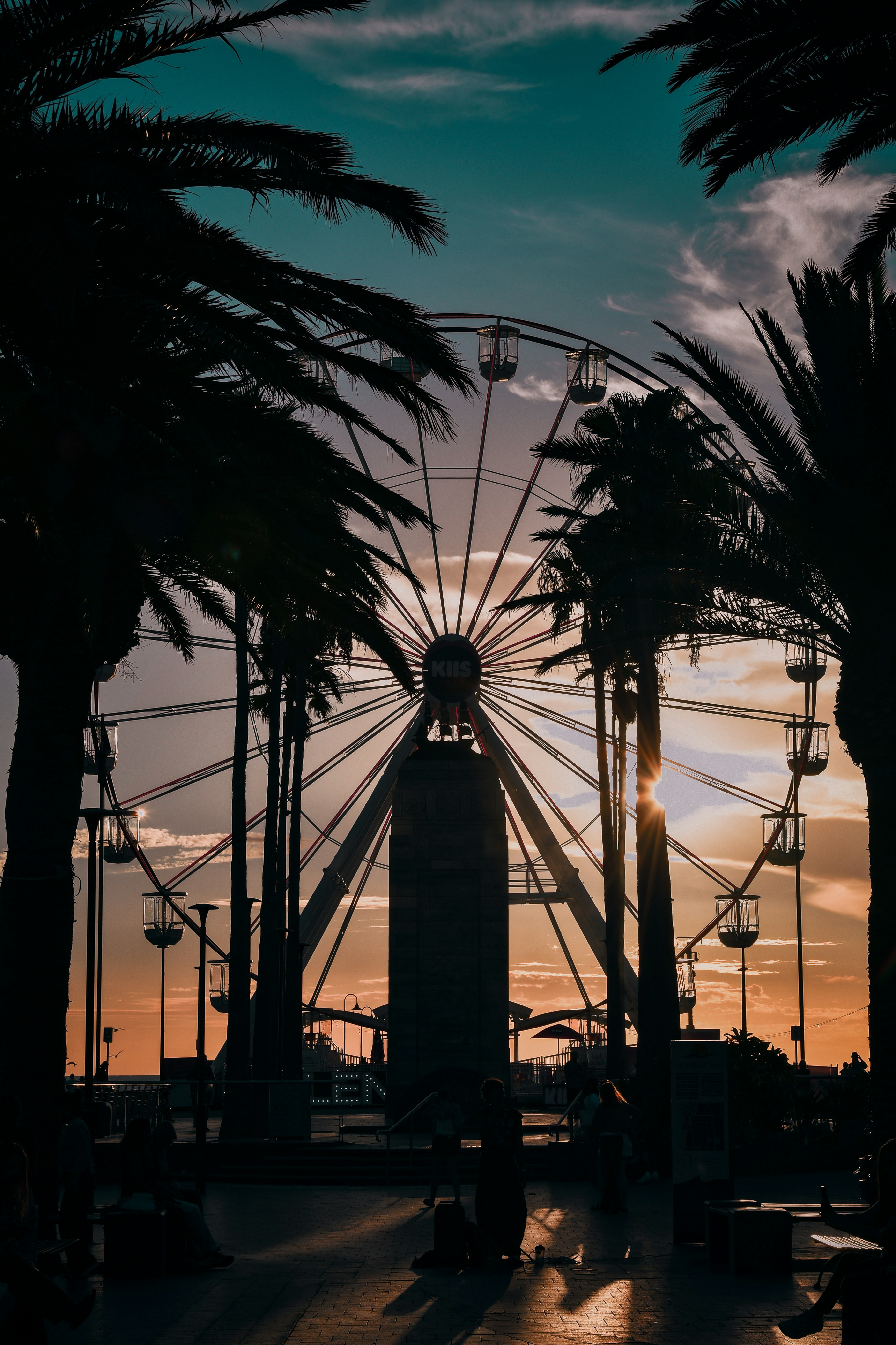 Ferris Wheel Backlit Against Palm Alley at Sunset